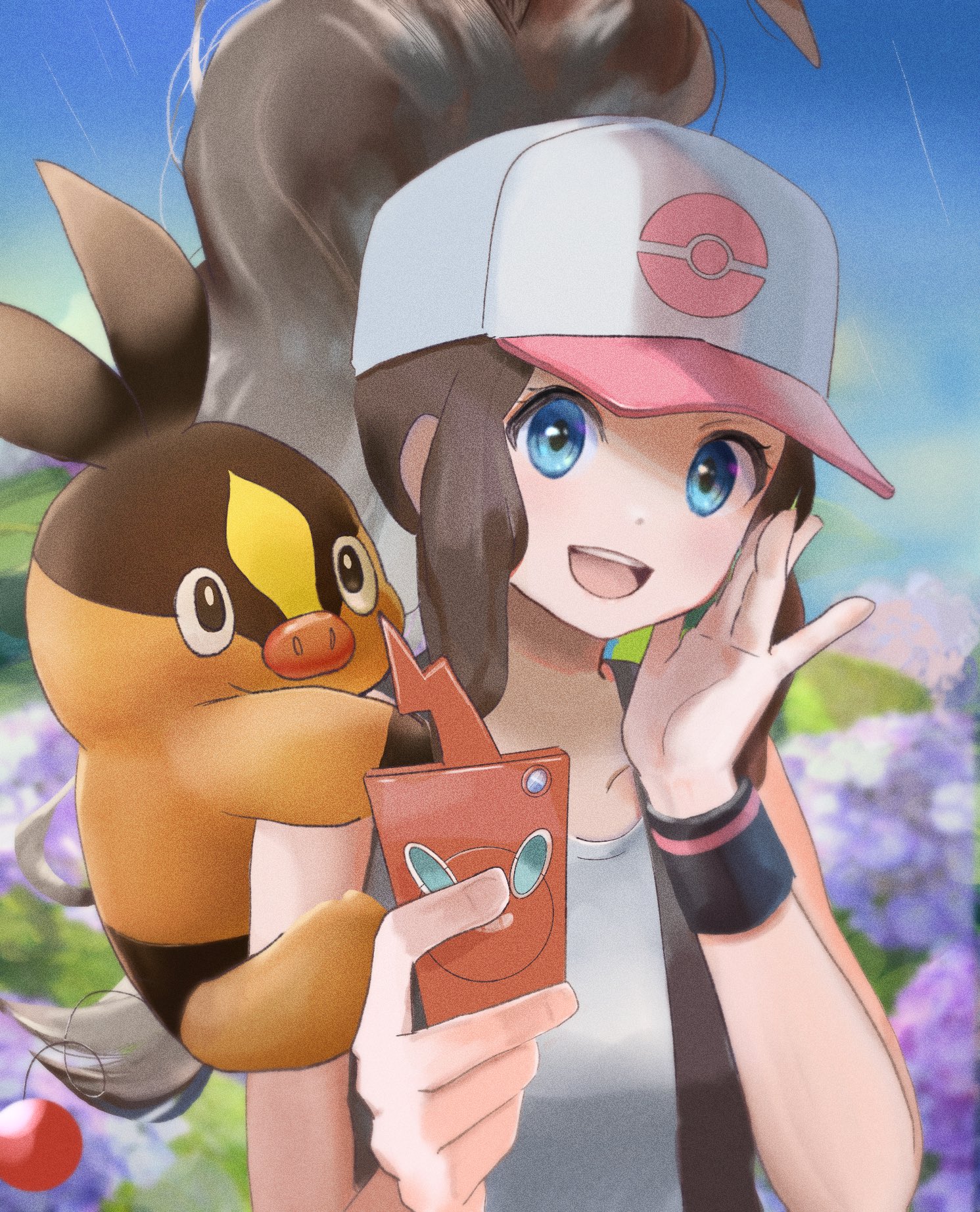 Safebooru - 1girl :d baseball cap black vest blue eyes blue flower ...