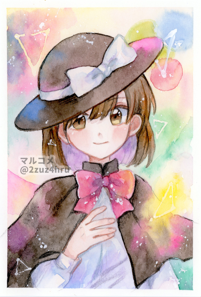 Safebooru - 1girl 2zuz4hru black capelet black hat bow bowtie brown eyes brown hair capelet ...