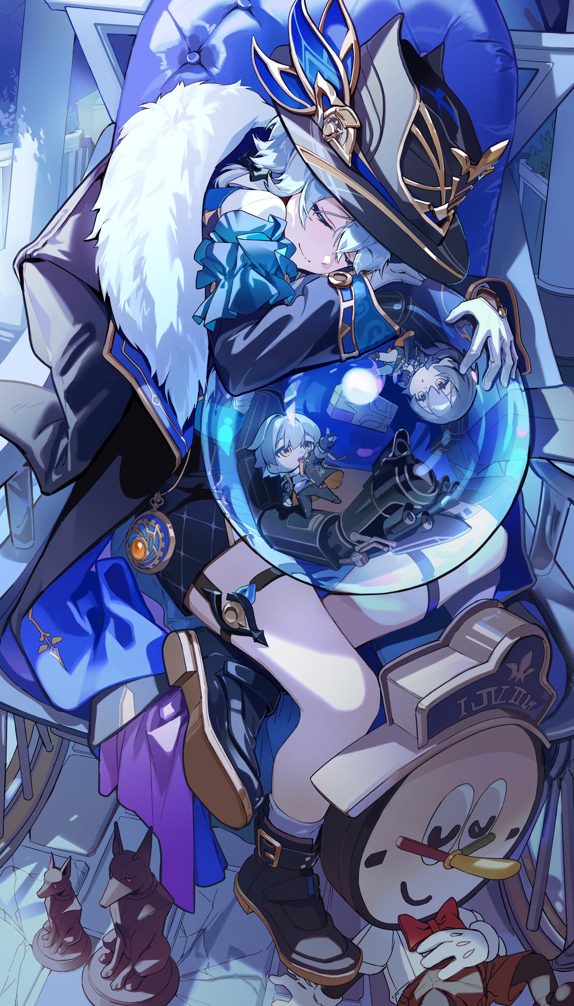 Safebooru - 1girl 3boys absurdres black coat black footwear black hat black shirt blue hair ...