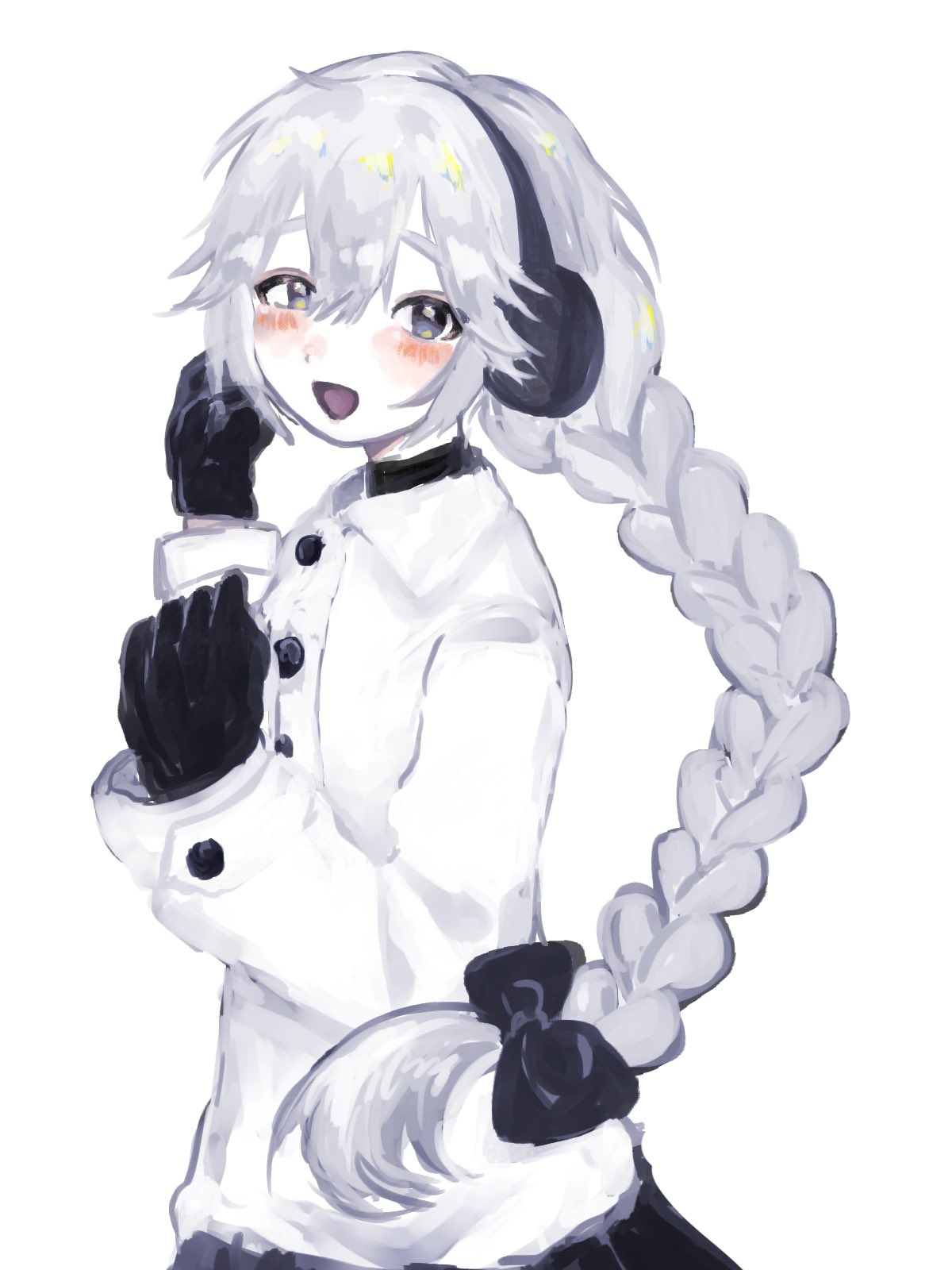 Safebooru - 1girl black eyes black gloves black headphones bow braid coat gloves hair bow ...
