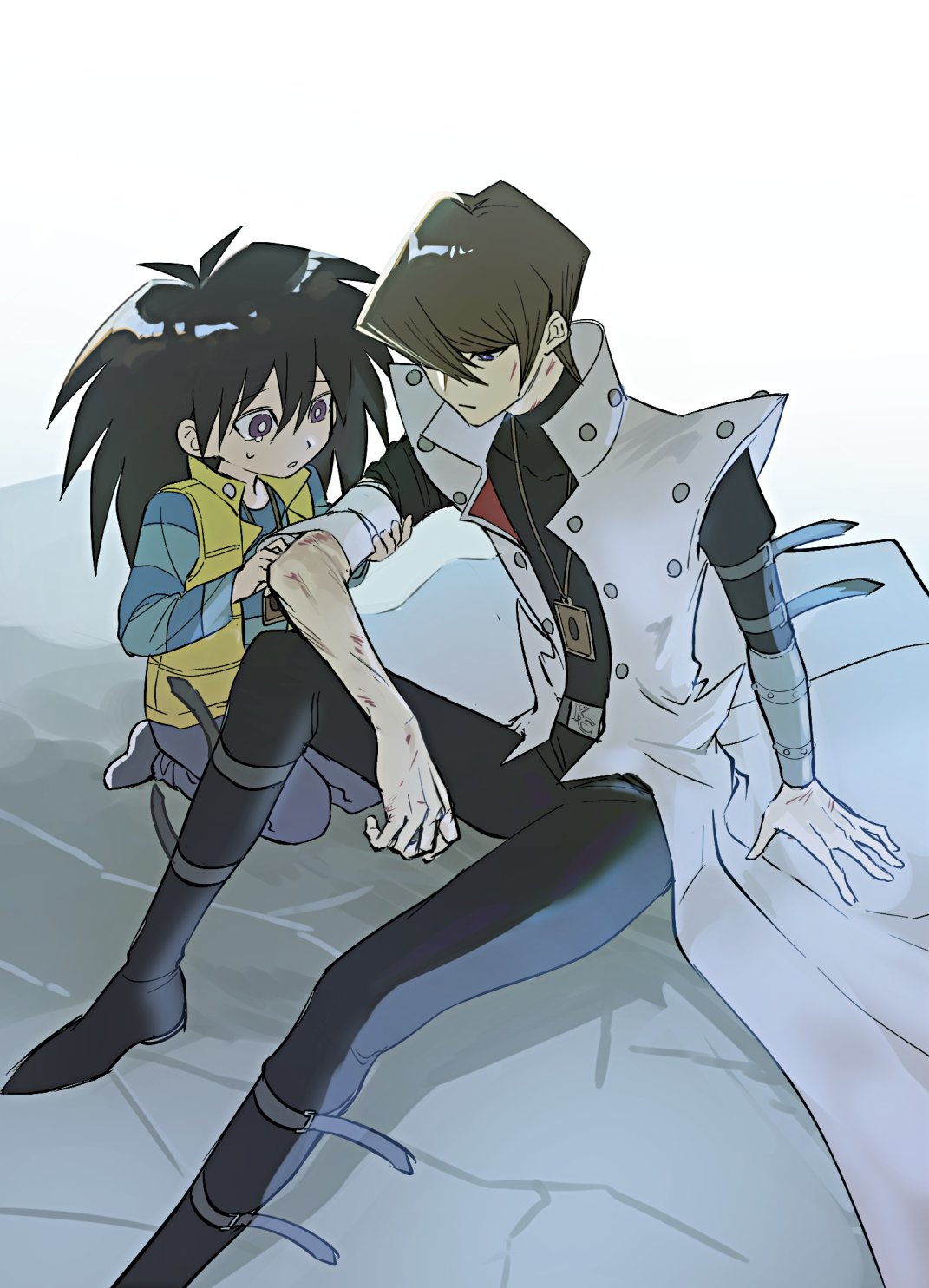 Safebooru - 2boys bandaged arm bandages black hair black pants black shirt blue shirt breasts ...