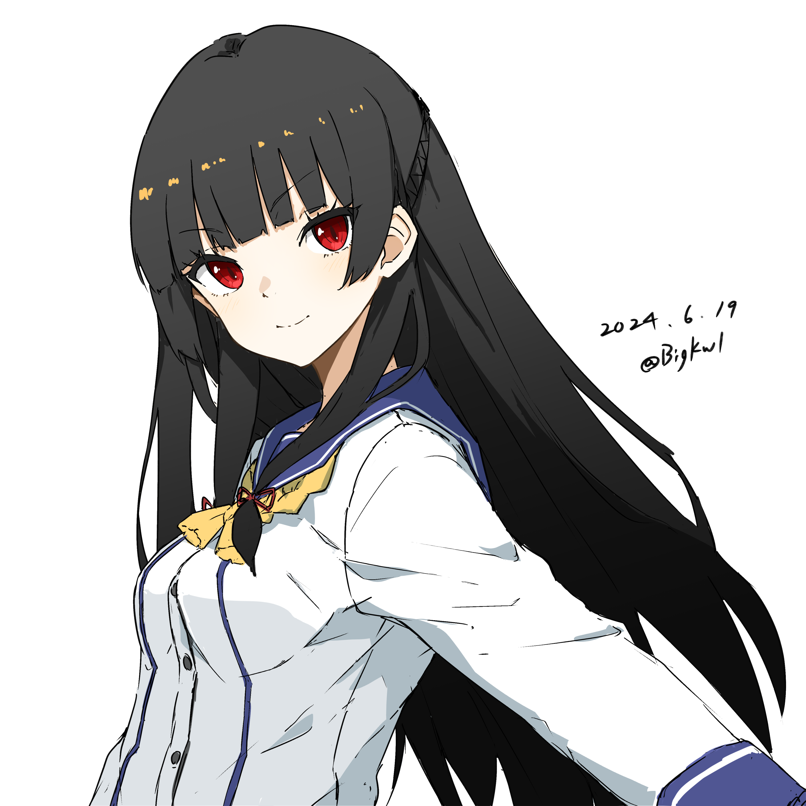 Safebooru - 1girl absurdres bigkwl black hair blue sailor collar blush breasts dated hair ribbon ...