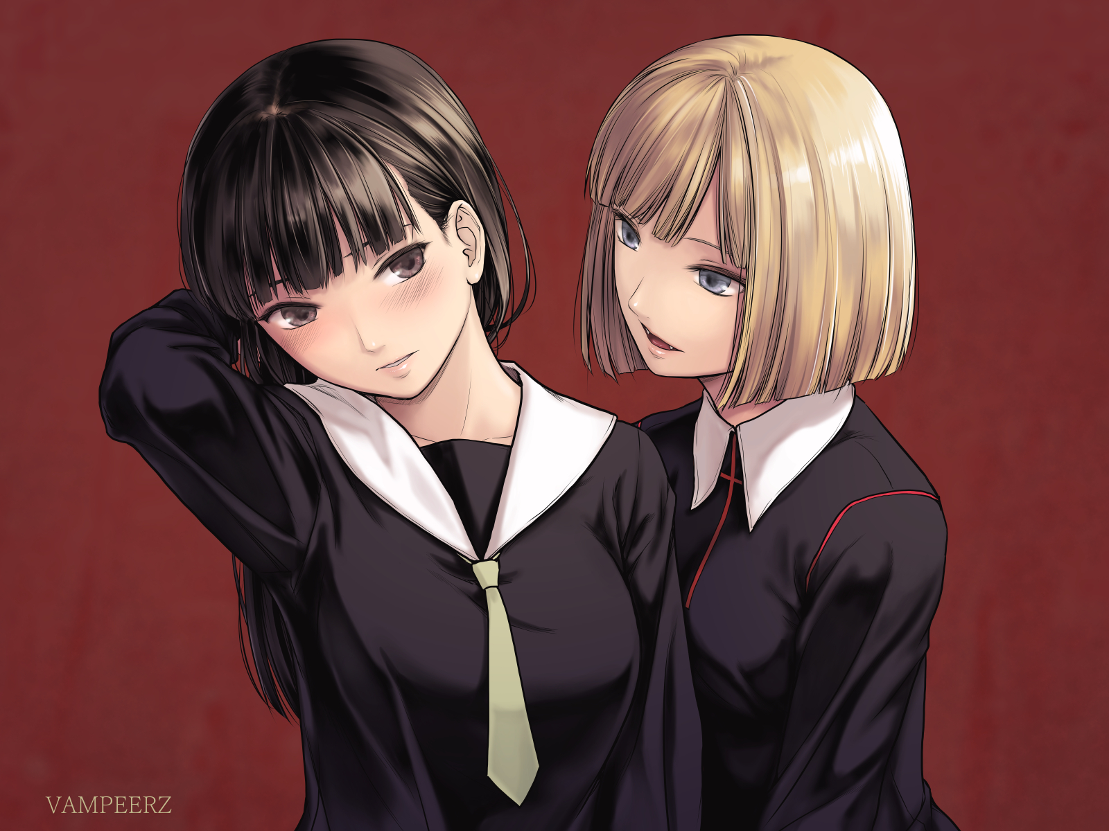 Safebooru - 2girls aria (vampeerz) arm up black hair black shirt blonde hair blue eyes blush ...