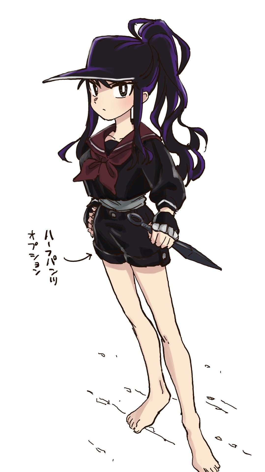 Safebooru - 1girl barefoot baseball cap black serafuku chaco (eisu) eisu (eith) feet fingerless ...