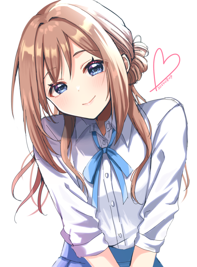 Safebooru - 1girl ayaca blue eyes blue ribbon blue skirt blush brown hair commentary request ...