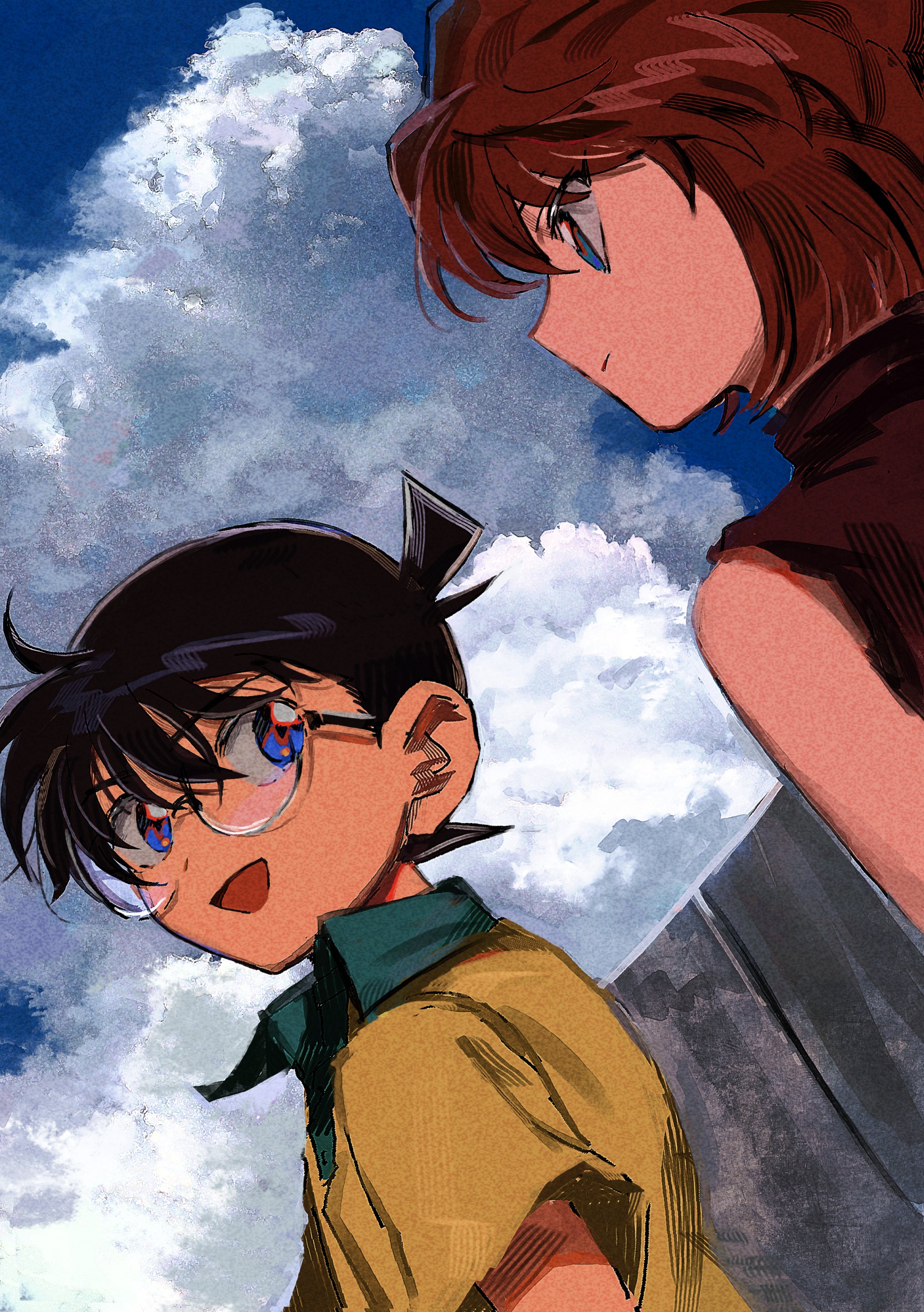 Safebooru - 1boy 1girl absurdres black hair blue eyes brown hair clouds ...