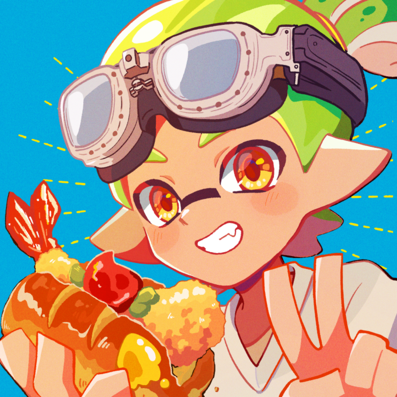 Safebooru - 1boy blue background commentary request food goggles ...