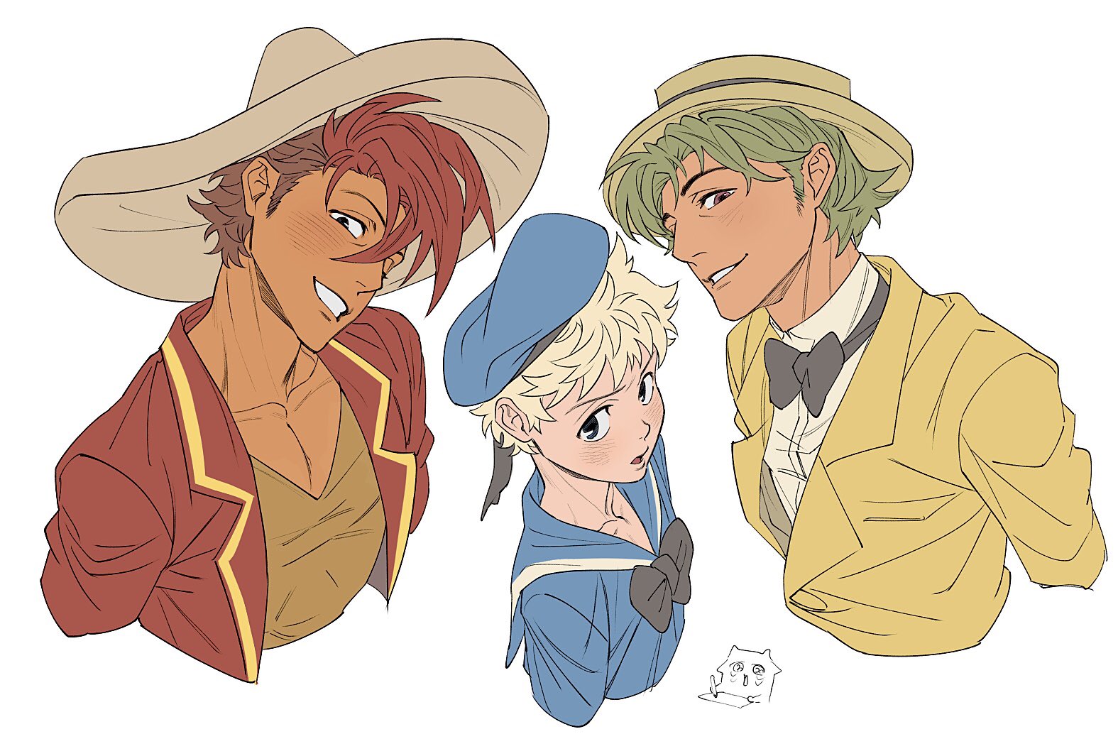 Safebooru - 3boys black bow black bowtie blue hat blue sailor collar ...