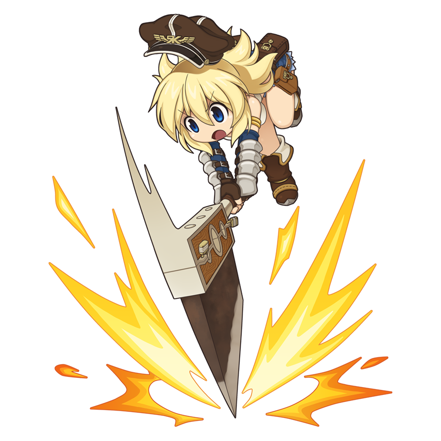 Safebooru - 1girl :o axe black gloves blonde hair blue gloves blue shorts brown footwear brown ...