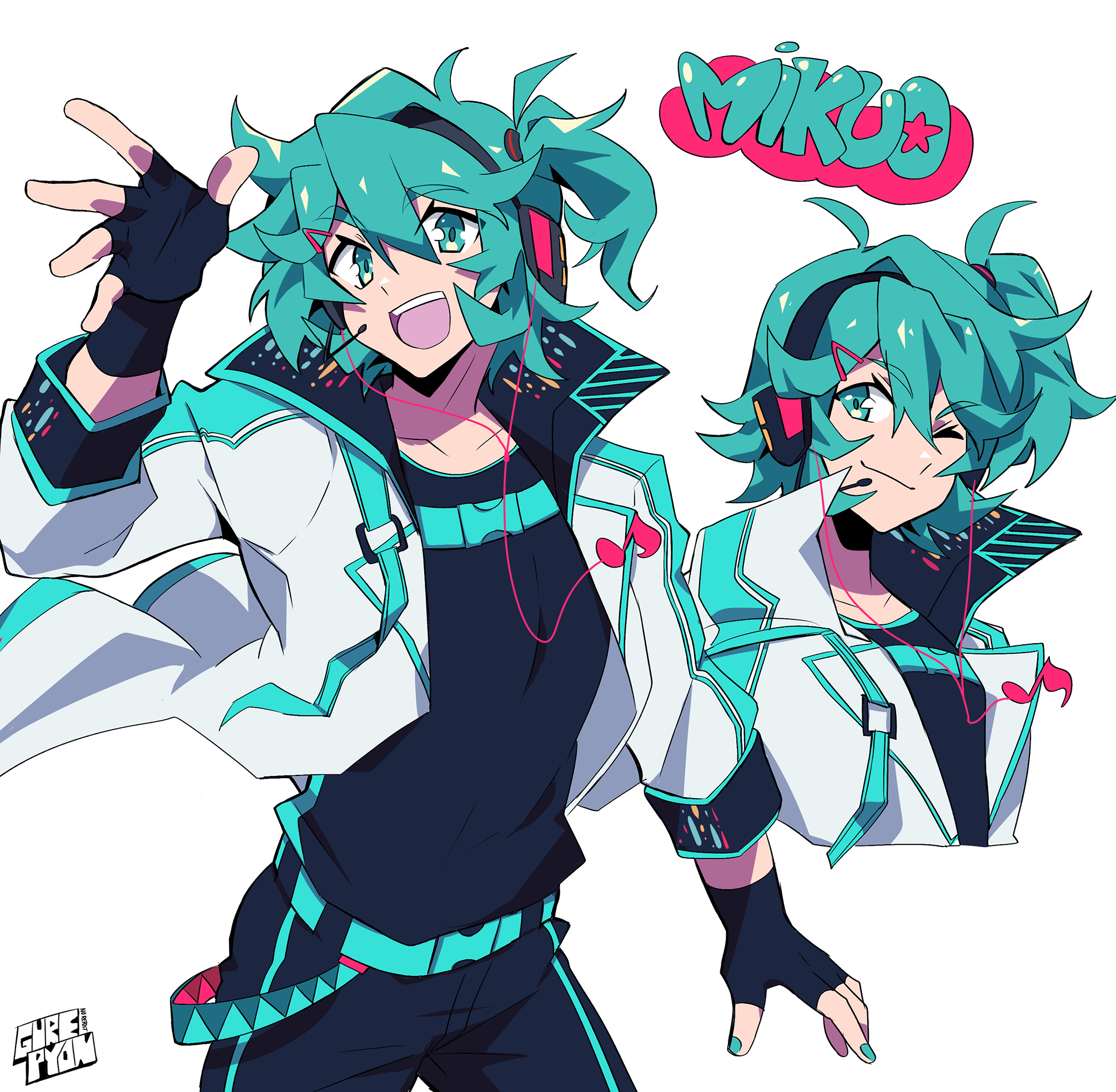 Safebooru - 1boy :d aqua belt aqua eyes aqua hair aqua nails aqua trim arm at side artist name ...