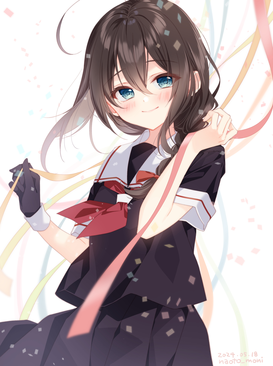 Safebooru - 1girl ahoge black gloves black serafuku black skirt blue eyes blush braid brown hair ...