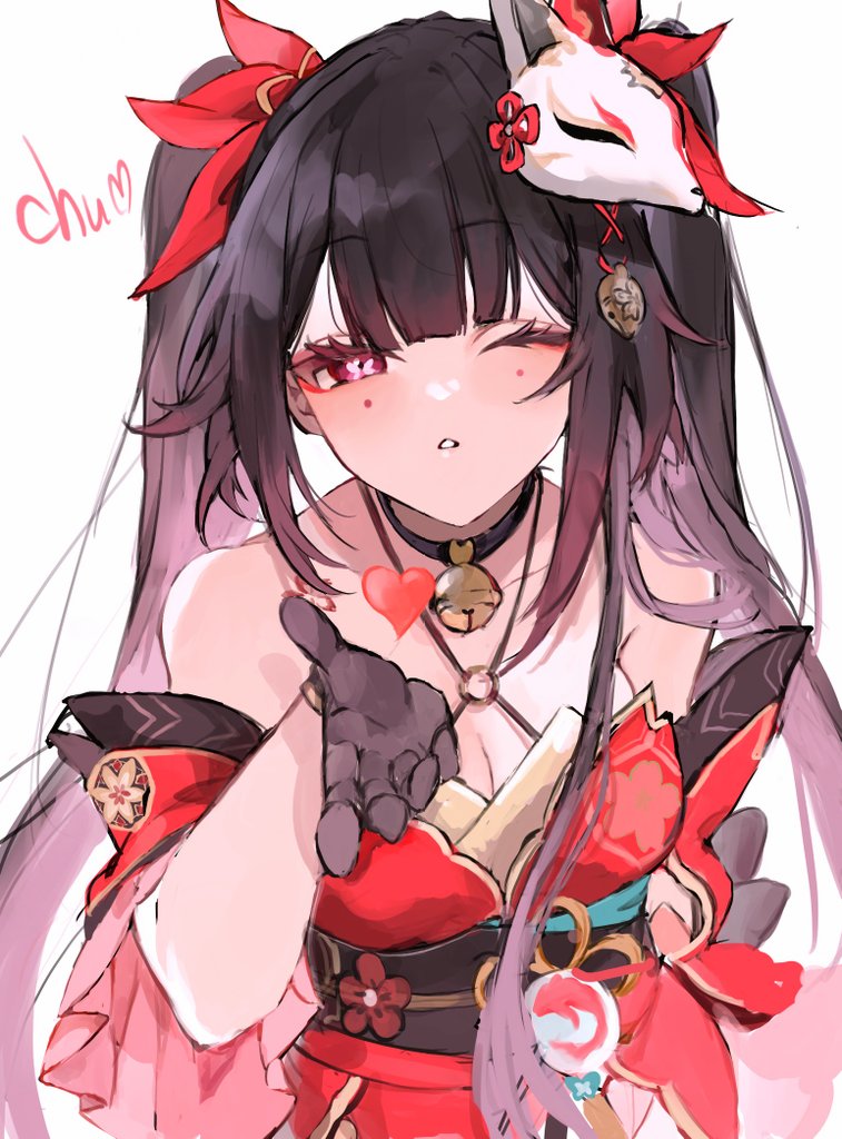 Safebooru - 1girl bell black choker black hair black sash blowing kiss butterfly-shaped pupils ...