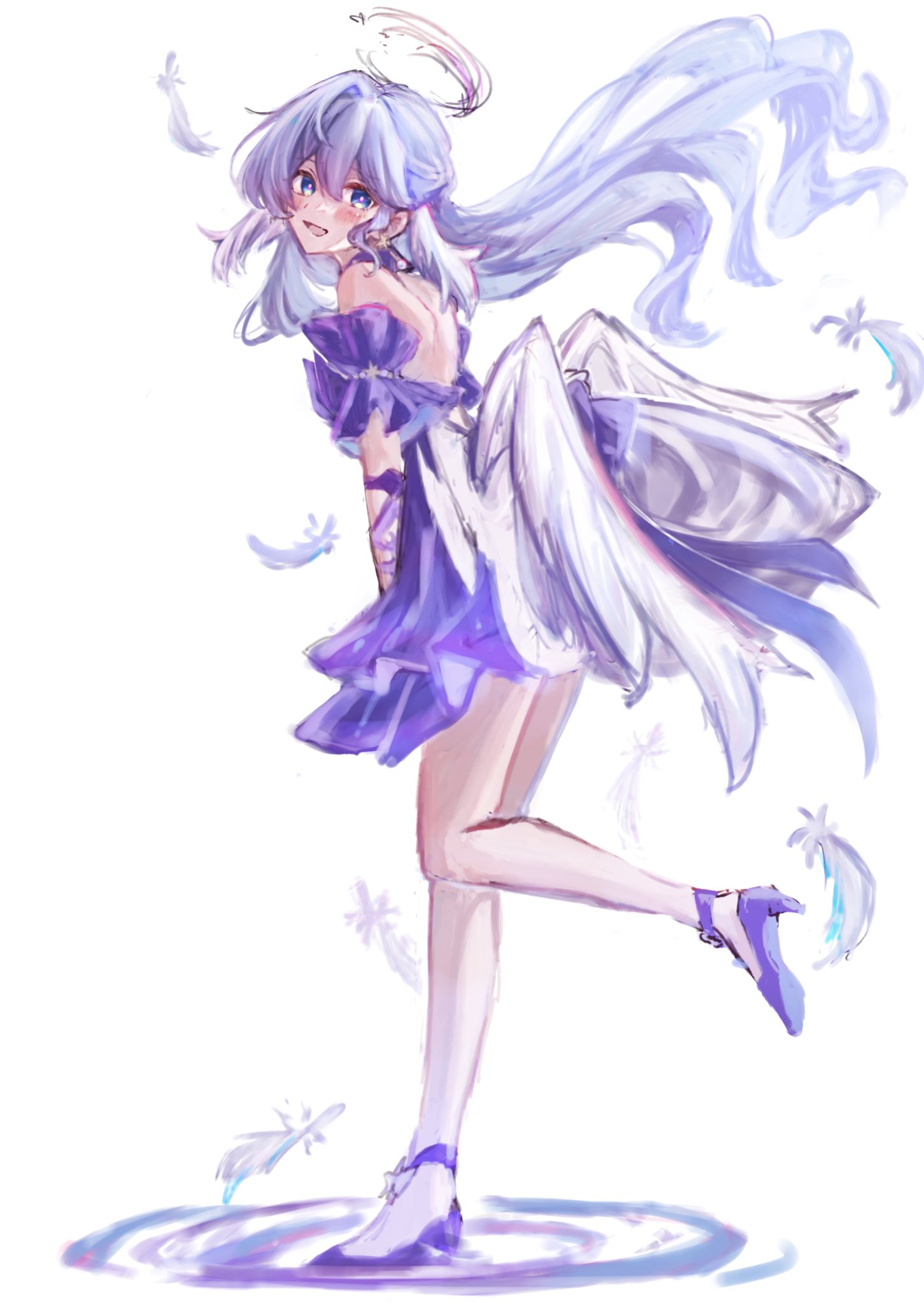 Safebooru - 1girl :d backless dress backless outfit bare legs bare shoulders blue eyes ...