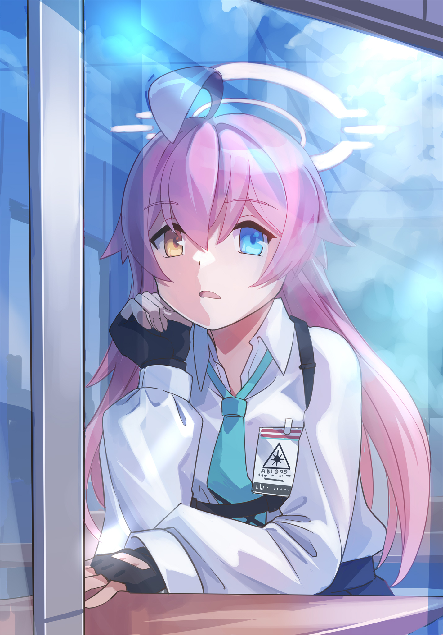 Safebooru - 1girl ahoge aqua necktie black gloves blue archive blue eyes blue sky chest harness ...