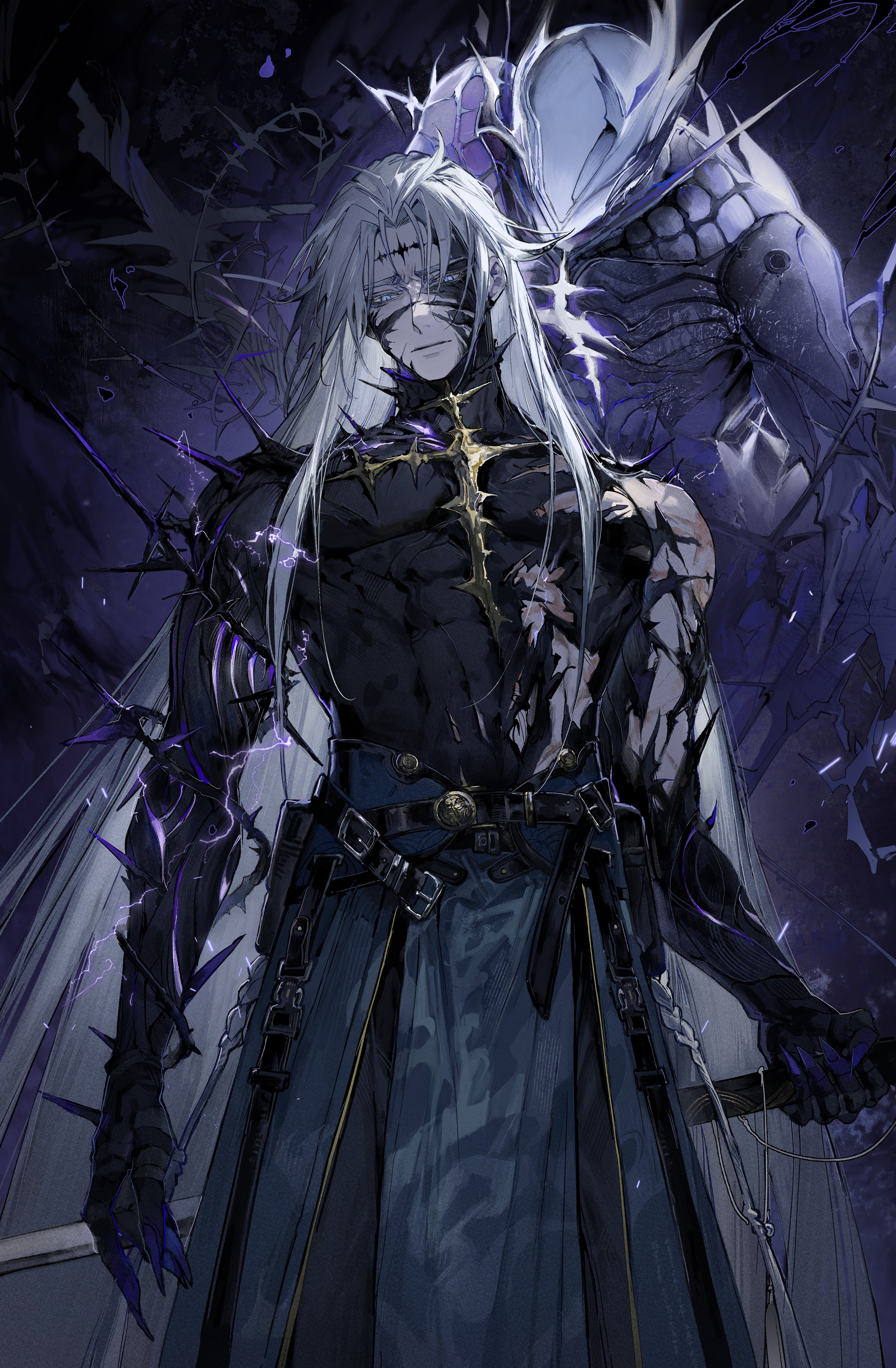 Safebooru - 1boy 1other absurdres barbed wire belt black belt black pants black shirt blue eyes ...