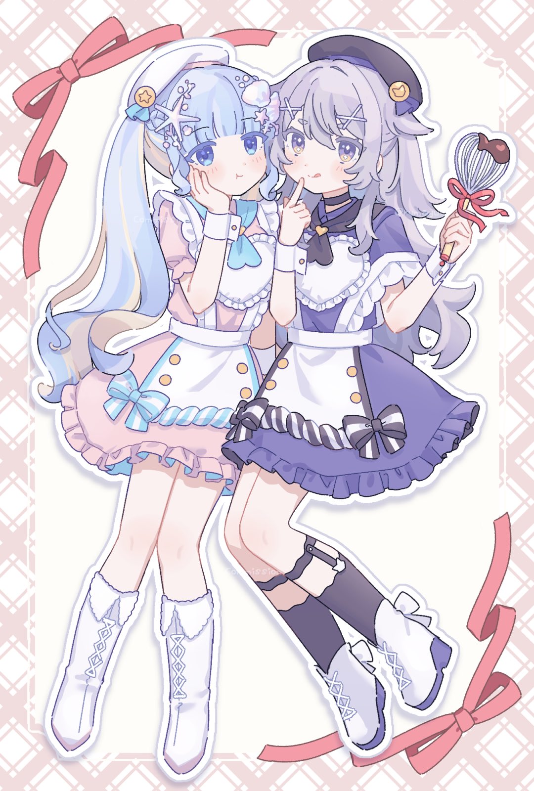 Safebooru - 2girls :i :q ankle boots apron beret black beret black choker black socks blue eyes ...