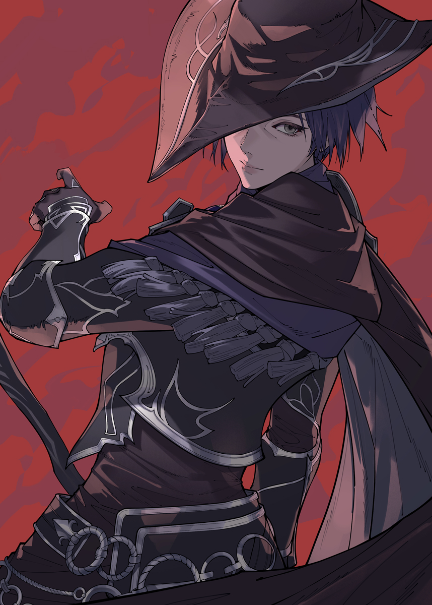Safebooru - 1girl androgynous armor black cape black hat blue hair ...