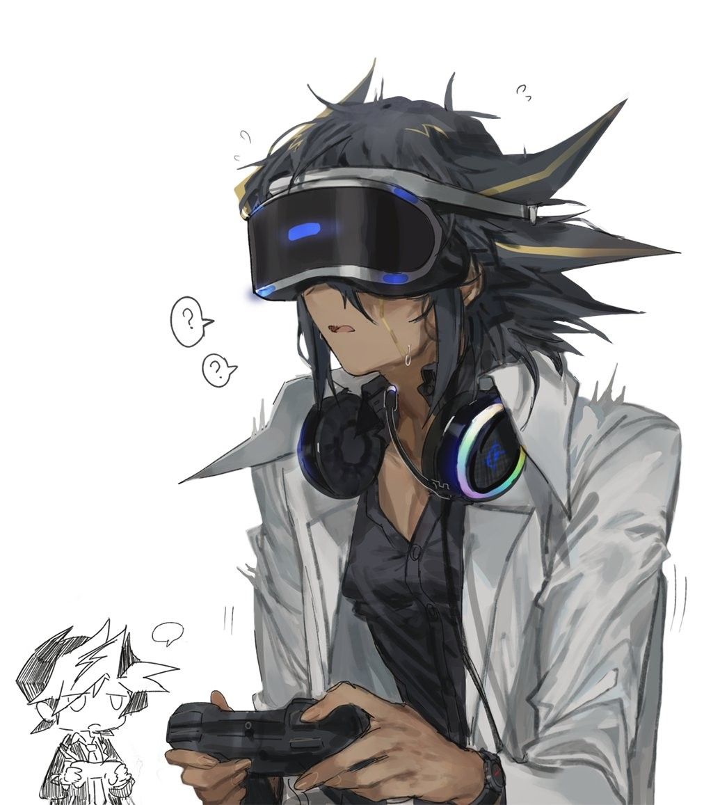 Safebooru - 2boys ? black hair black shirt blank stare chibi controller ...