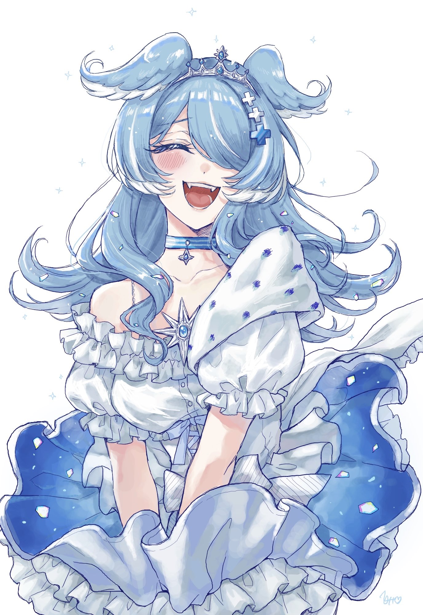 Safebooru - 1girl 440(yoshio) blue choker blue hair blush breasts choker closed eyes clothes ...