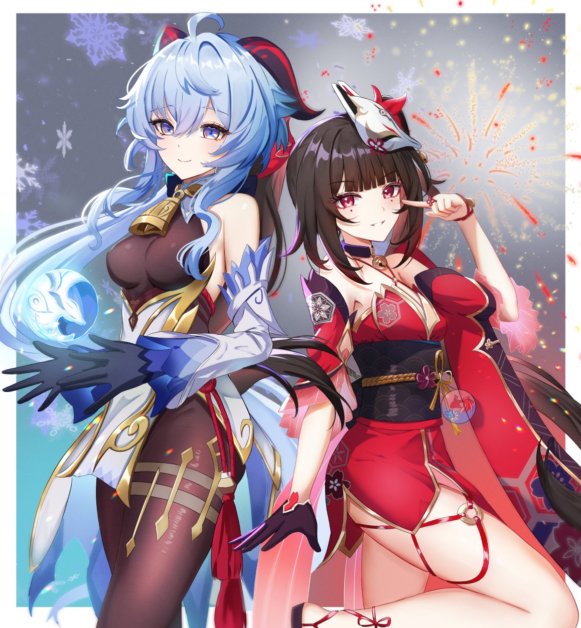 Safebooru - 1girl 2girls ahoge bare shoulders bell black gloves black pantyhose black sash blue ...