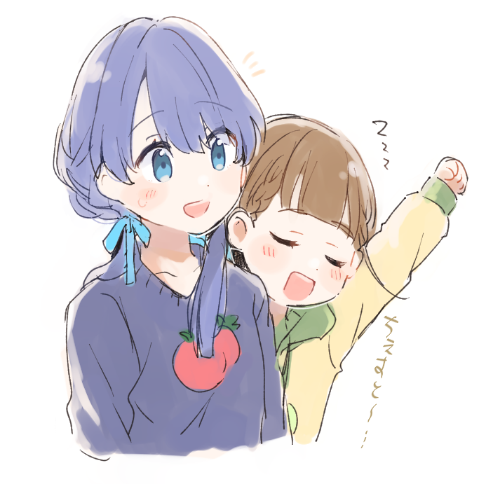 Safebooru - 2girls :d blue eyes blue hair blue ribbon blue sweater ...