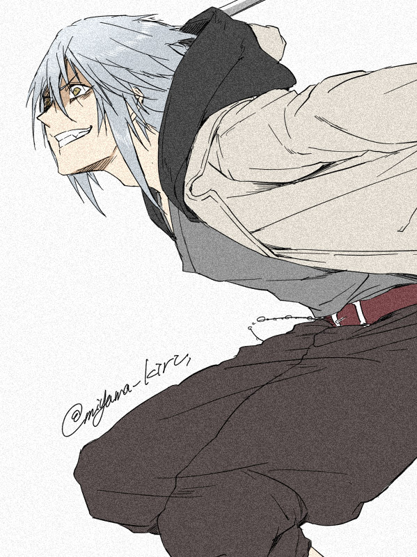 Safebooru - 1boy artist name belt black pants brown eyes grey hair grey shirt grin hakata ...