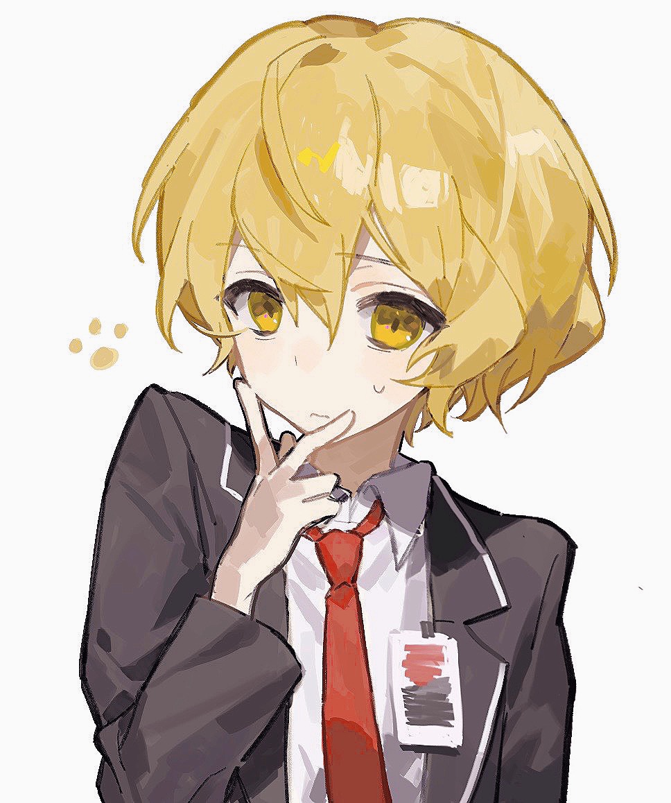 Safebooru - 1boy black jacket blonde hair closed mouth collared shirt gelato1014 hair between ...
