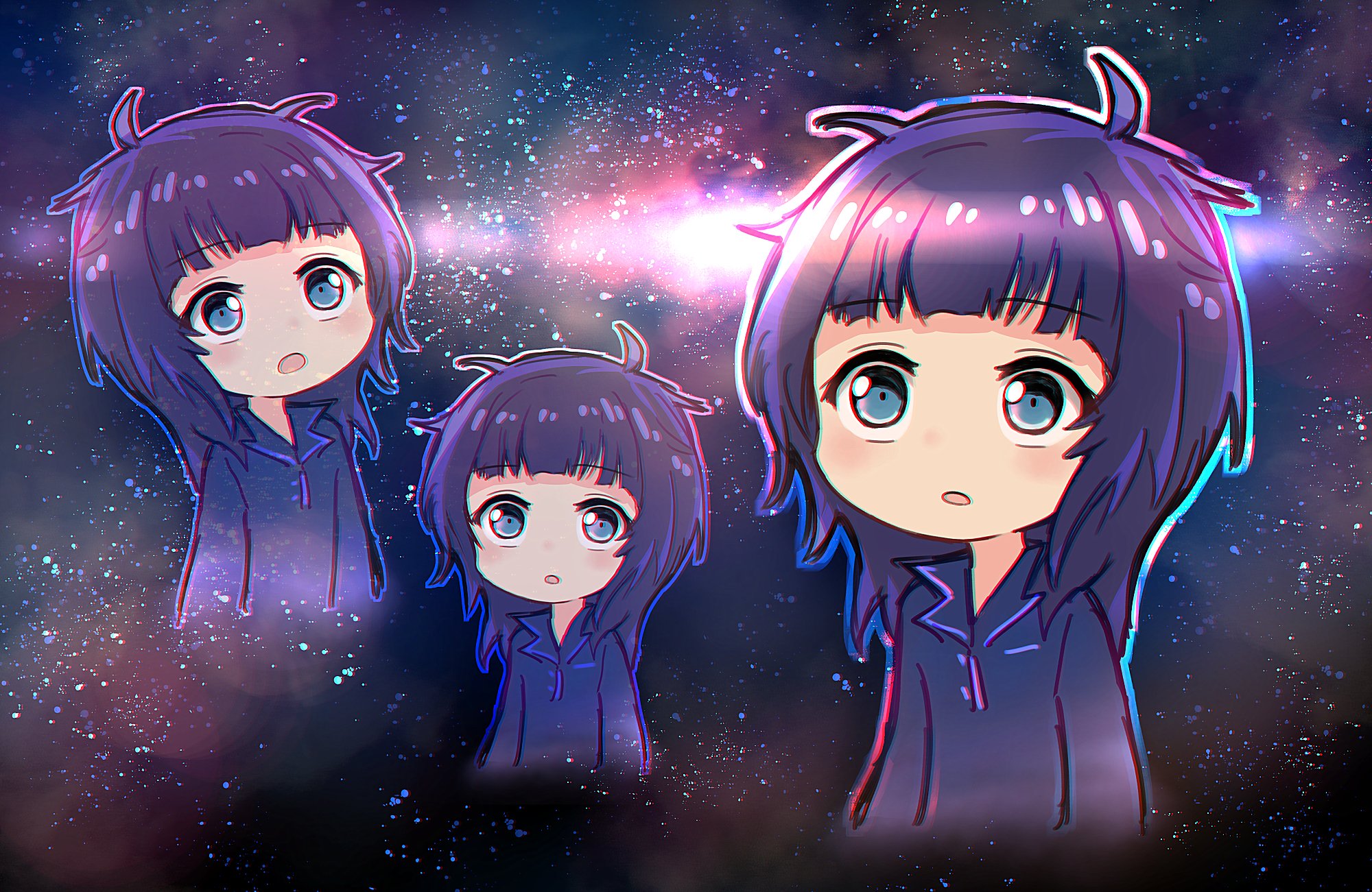 Safebooru - 1girl :o asaka karin bad id bad twitter id blue eyes blue hair blue shirt blunt ...