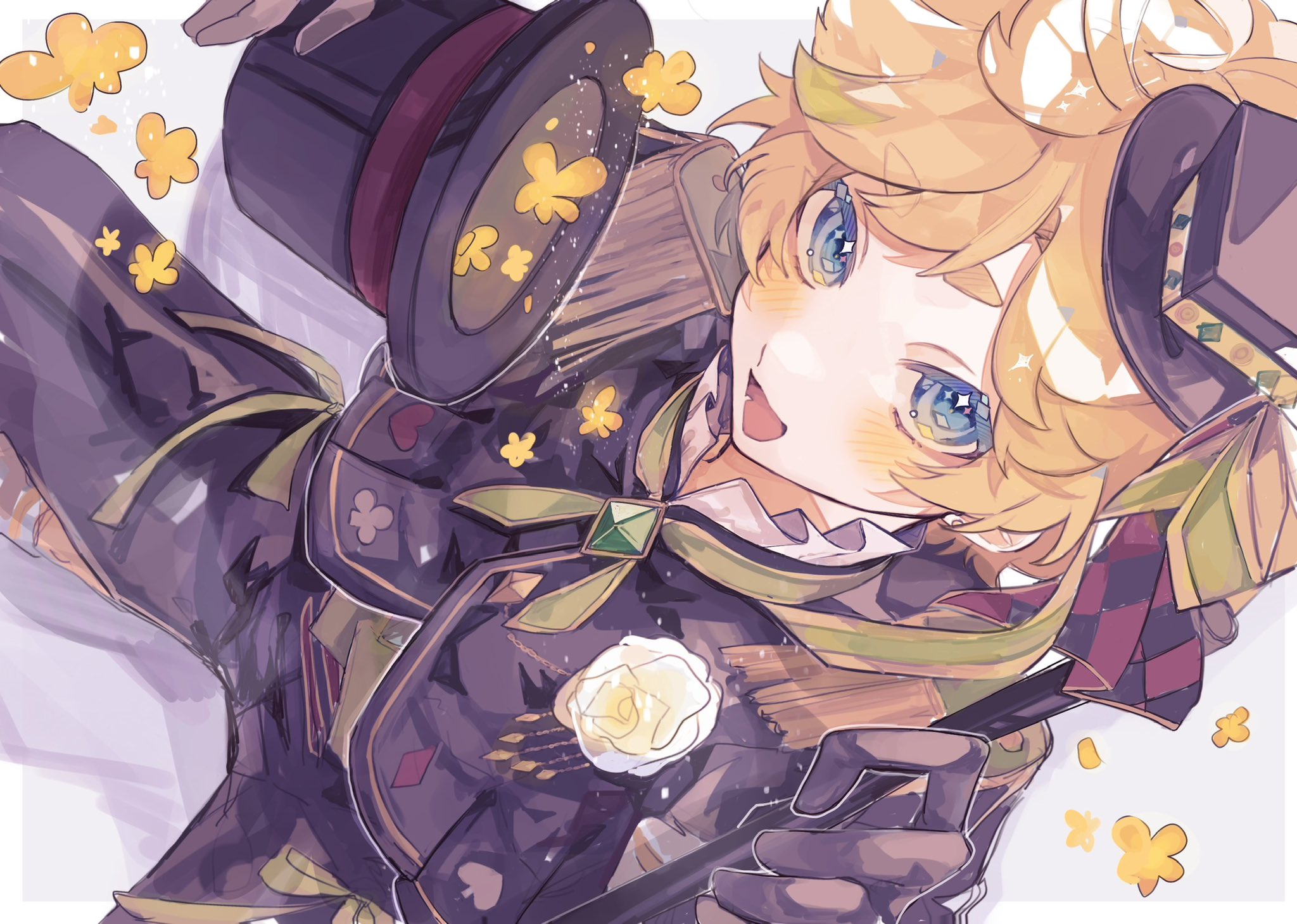 Safebooru - 1boy :d black gloves black hat black pants blonde hair blue eyes blush border collar ...