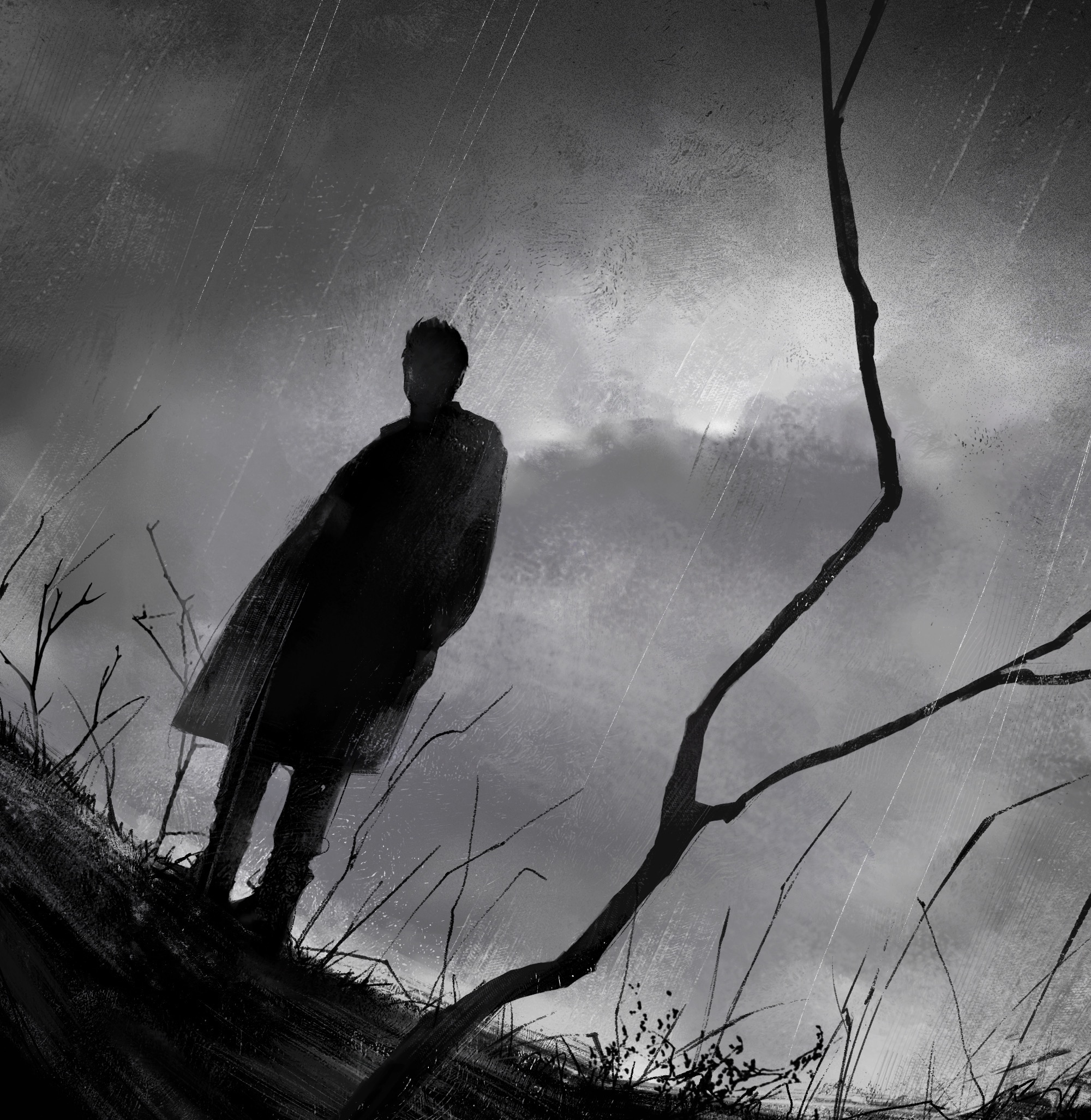 Safebooru - 1boy boots branch chinese commentary clouds cloudy sky coat ...