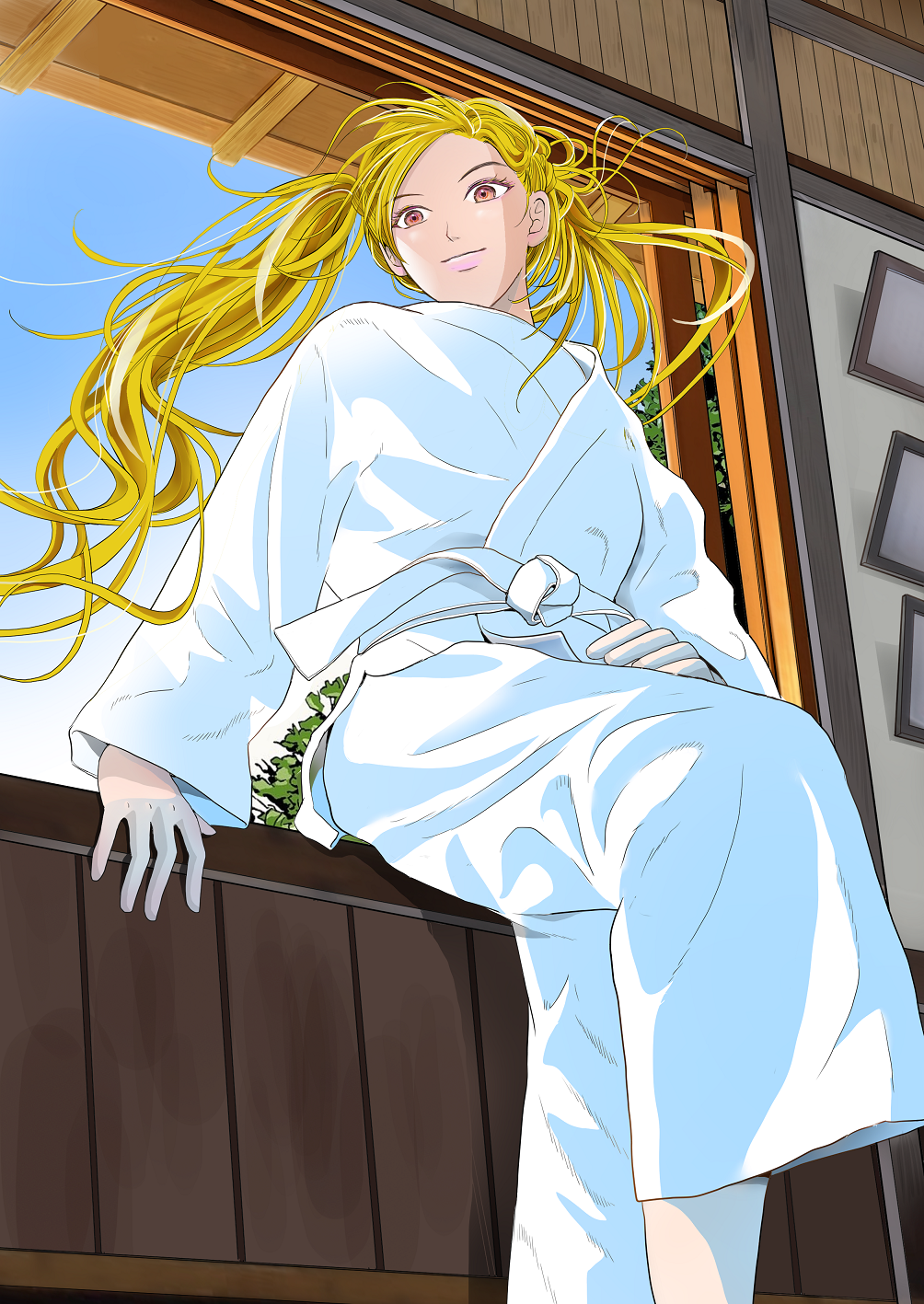 Safebooru - 1girl blonde hair brown eyes day dougi highres indoors keito0316 looking at viewer ...