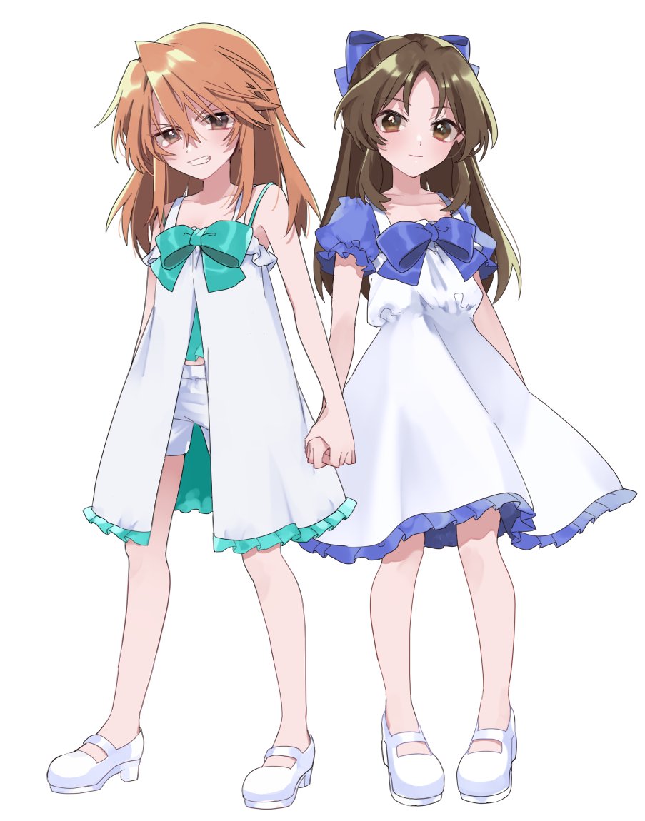 Safebooru - 2girls aqua bow aqua camisole bare shoulders blue bow bow brown eyes brown hair ...