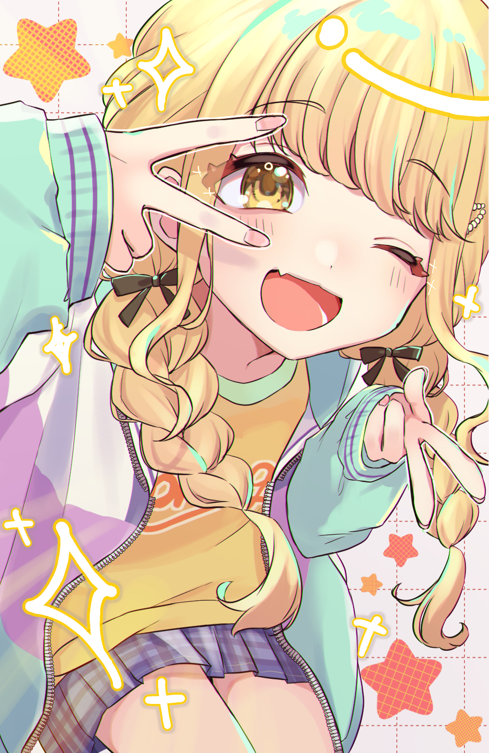 Safebooru - 1girl ;d blonde hair blue skirt blush braid commentary request dotted line double v ...