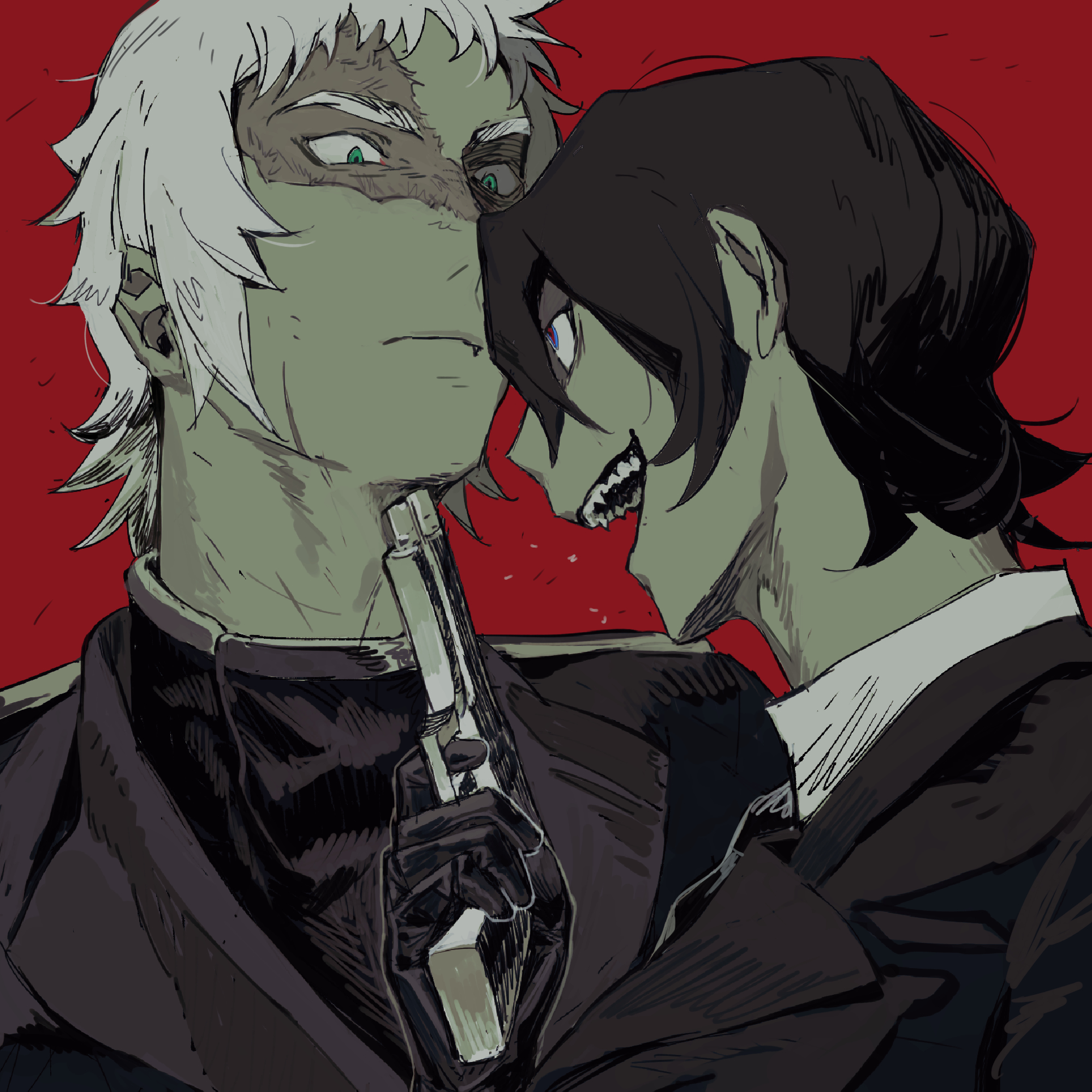 Safebooru - 2girls at gunpoint black hair black jacket blue eyes brown hair closed mouth ...