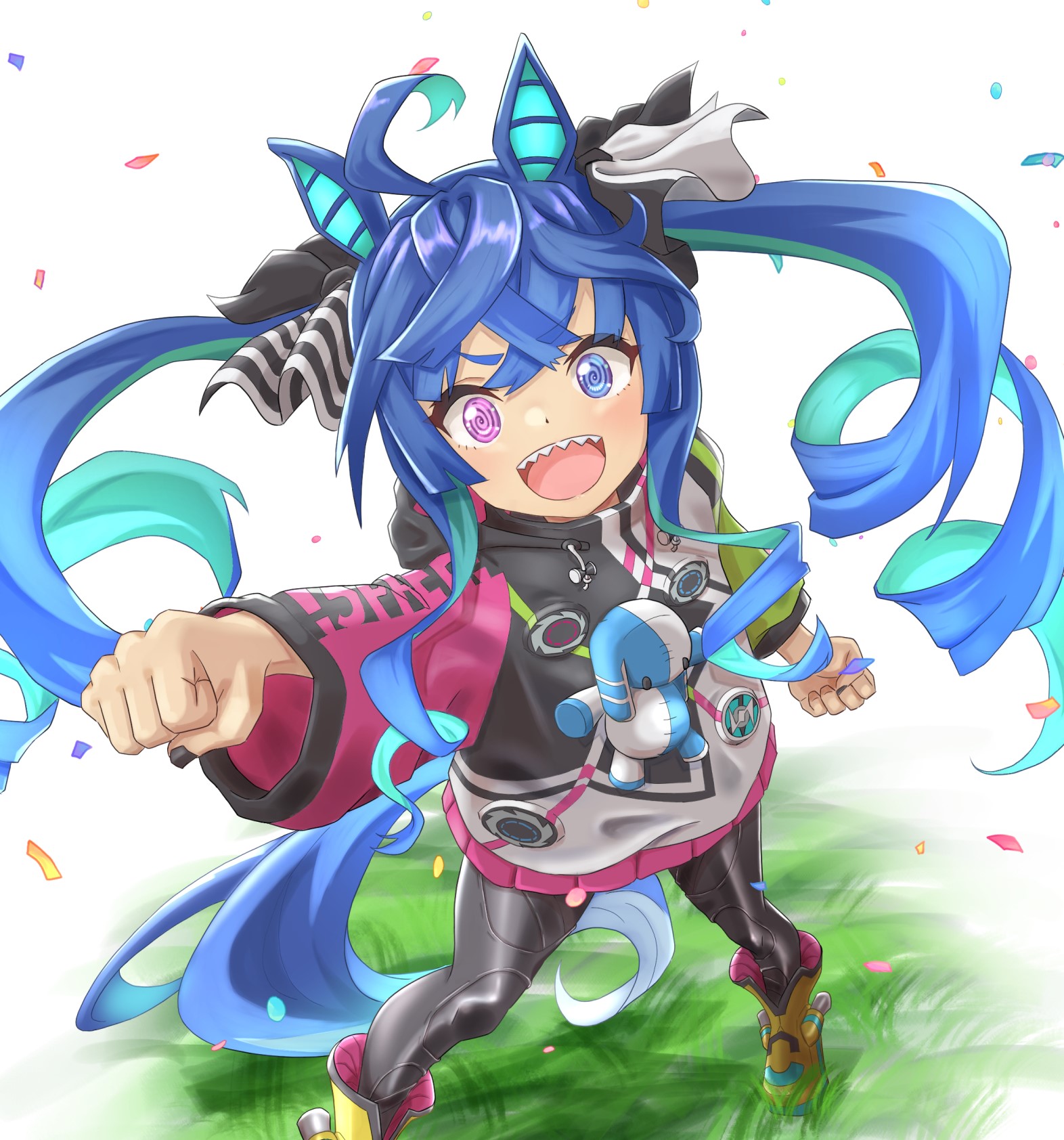 Safebooru - 1girl :d @ @ ahoge animal ears aqua hair arm up black leggings blue eyes blue hair ...