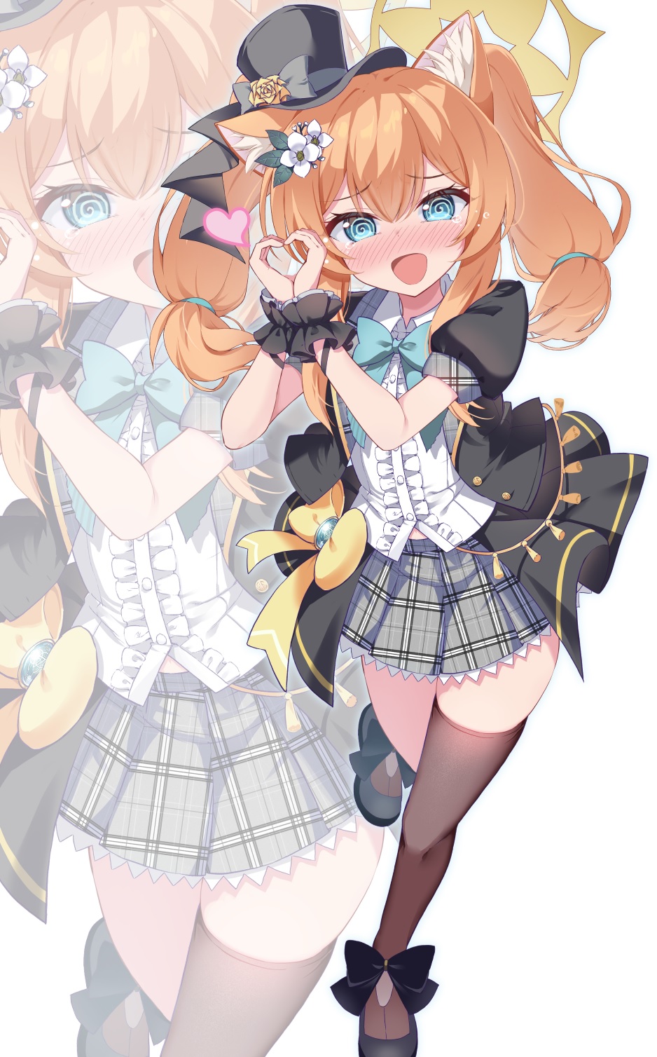 Safebooru - 1girl @ @ animal ear fluff animal ears aqua bow aqua bowtie black footwear black hat ...