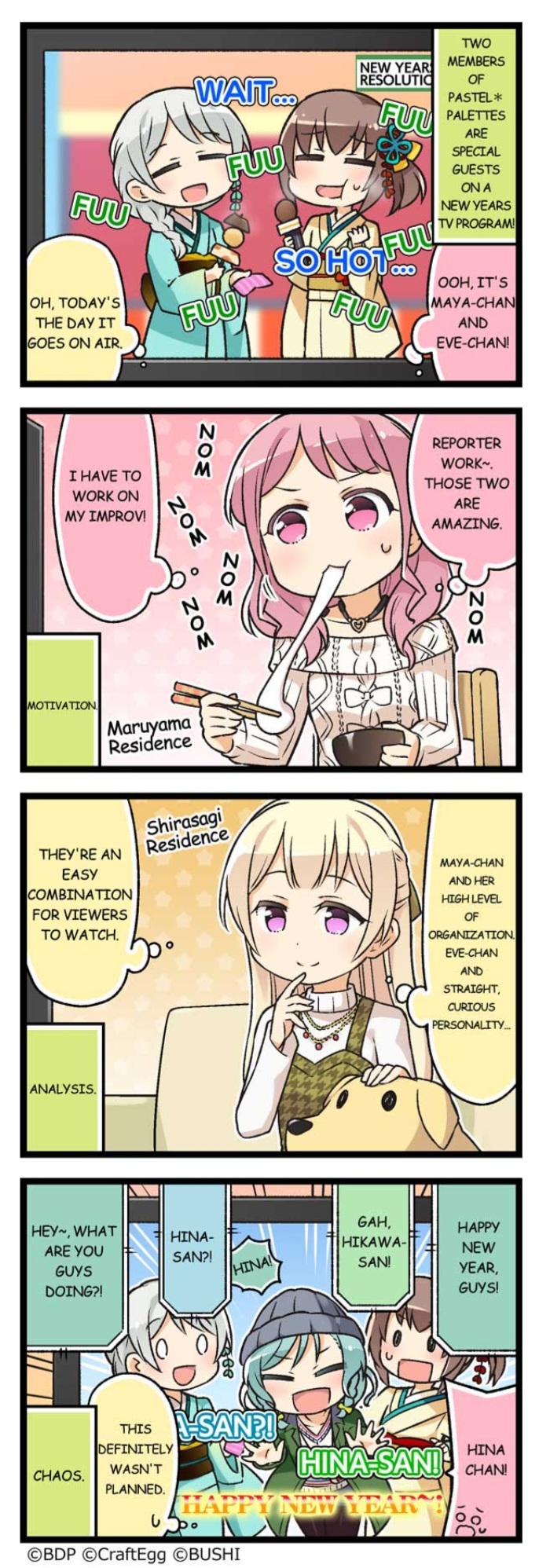 Safebooru - 4koma 5girls bang dream! blush chopsticks comic dog english text happy new year ...