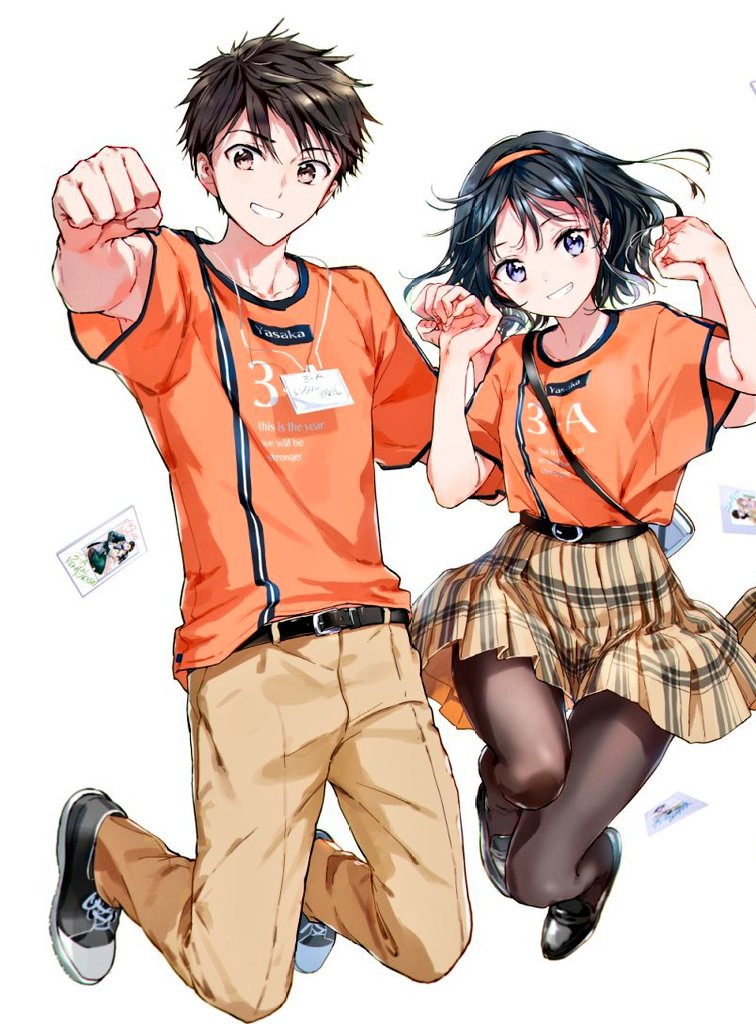 Safebooru - 1boy 1girl adagaki aki black hair blue hair couple female ...