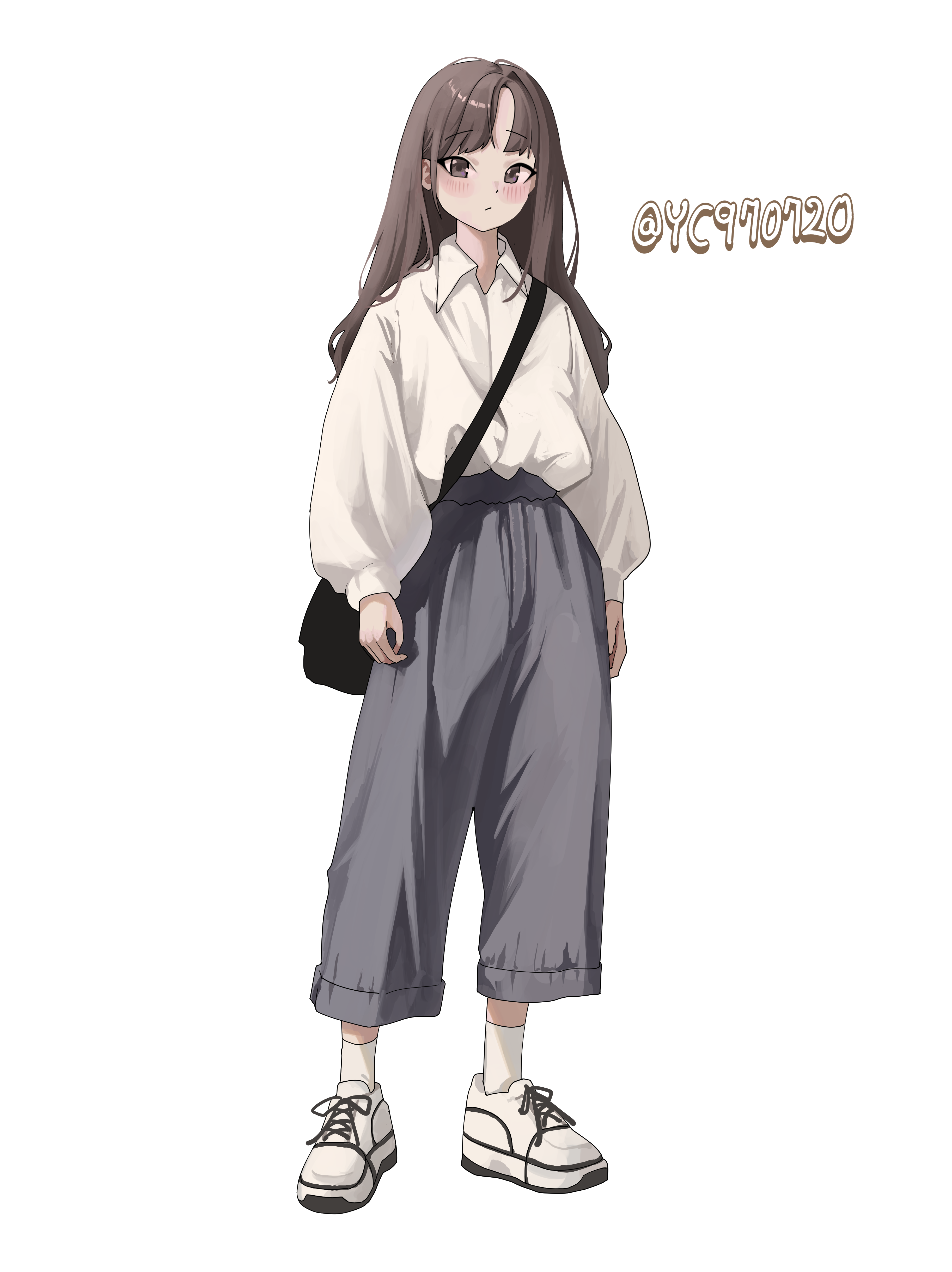 Safebooru - 1girl absurdres bag blush grey eyes grey hair grey shorts ...