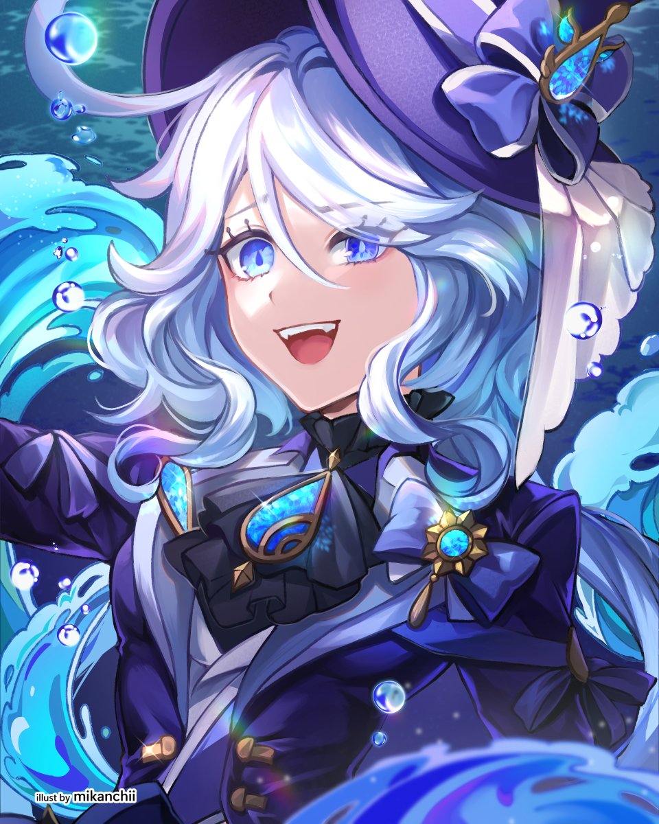 Safebooru - 1girl ahoge ascot black ascot blue eyes blue gemstone blue hair blue jacket blurry ...