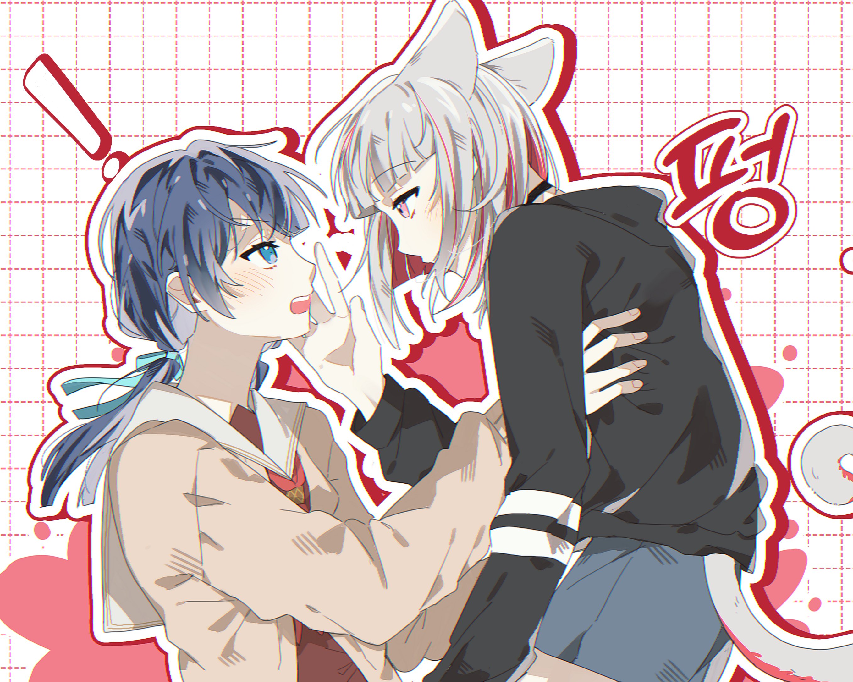 Safebooru - ! 2girls 42 (42 aqrl) animal ears black choker black jacket blue eyes blue hair blue ...