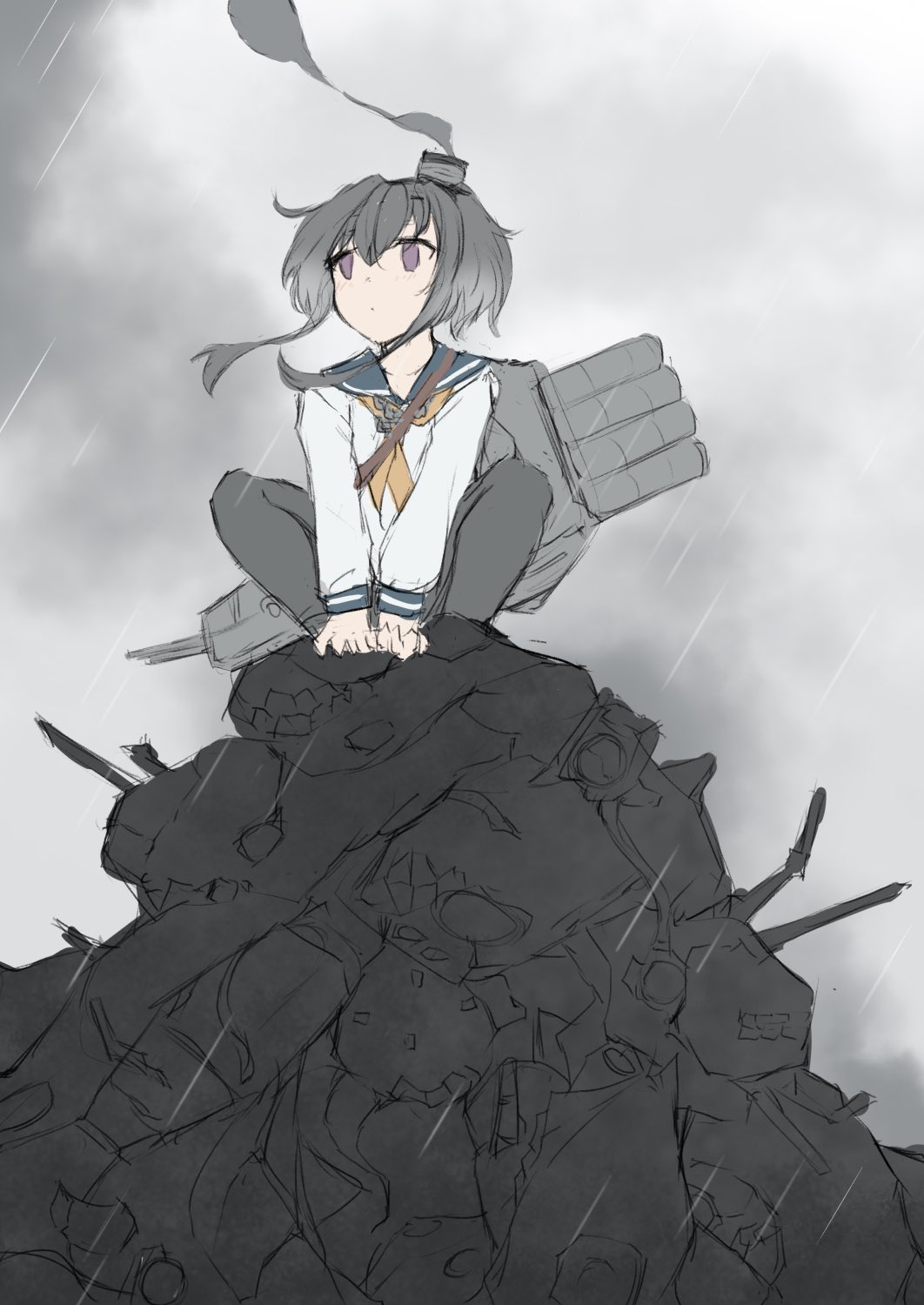 Safebooru - 1girl black hair black pantyhose blue sailor collar brown eyes clouds dress grey sky ...