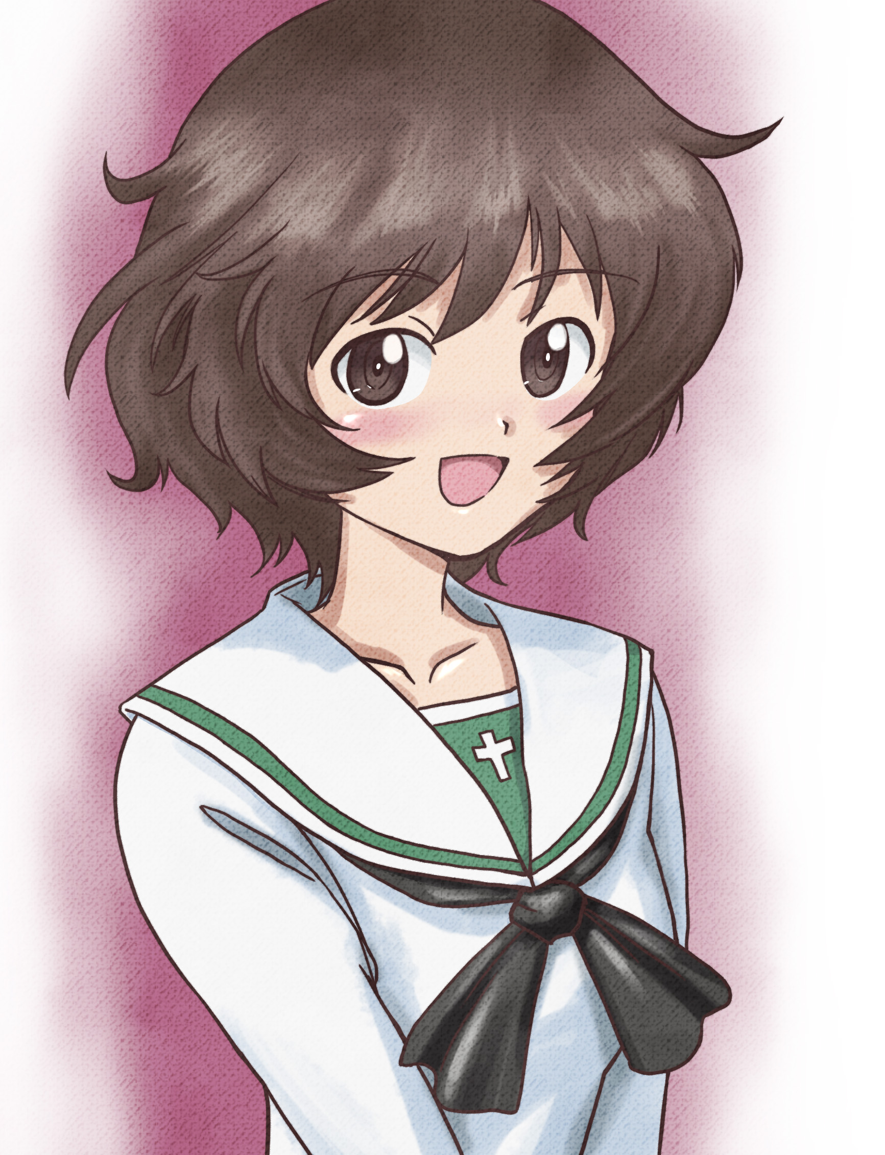 Safebooru - 1girl :d akiyama yukari black neckerchief blush bob cut breasts brown eyes brown ...