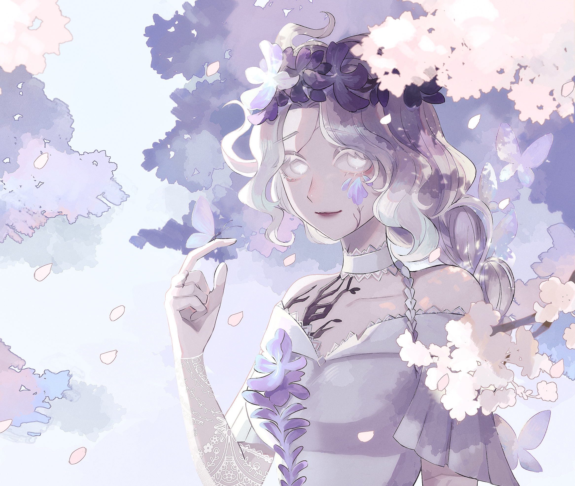 Safebooru - 1girl bare shoulders braid breasts bug butterfly cherry ...