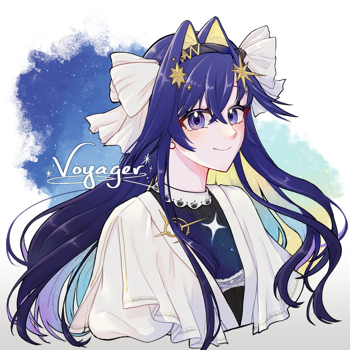 Safebooru - 1girl black hairband blonde hair blue background blue eyes blue hair character name ...