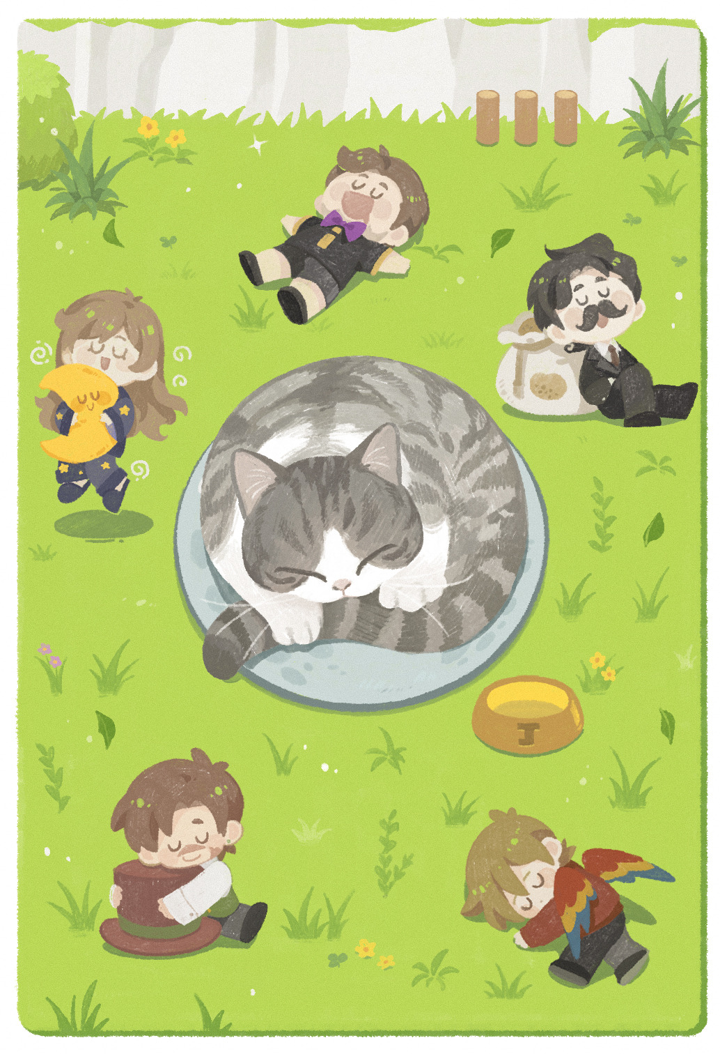 Safebooru - 1girl 5boys animal bird boy bird wings cat chibi chibi only ...