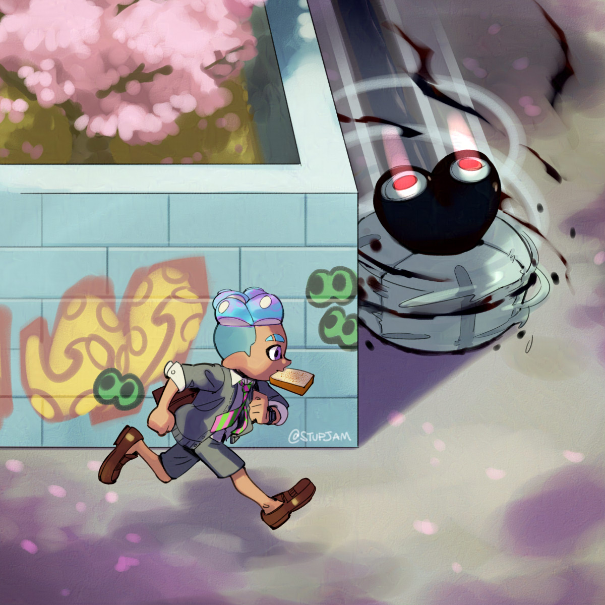 Safebooru - 1boy artist name blue hair bread bread slice brown footwear ...