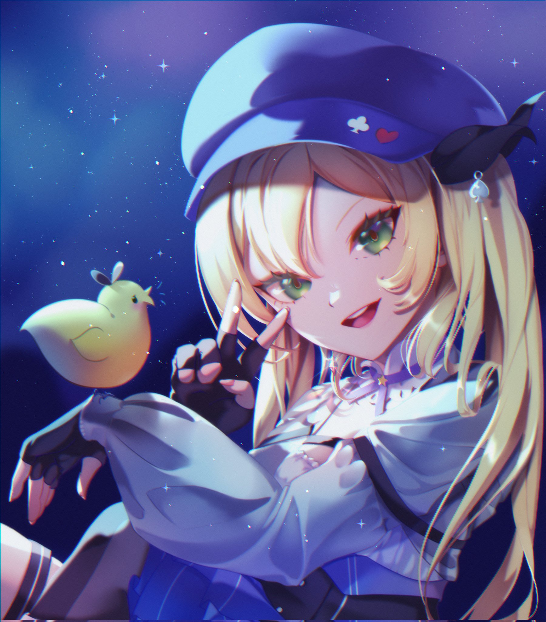 Safebooru - 1girl black gloves blonde hair blue background blue dress blue hat blue theme ...