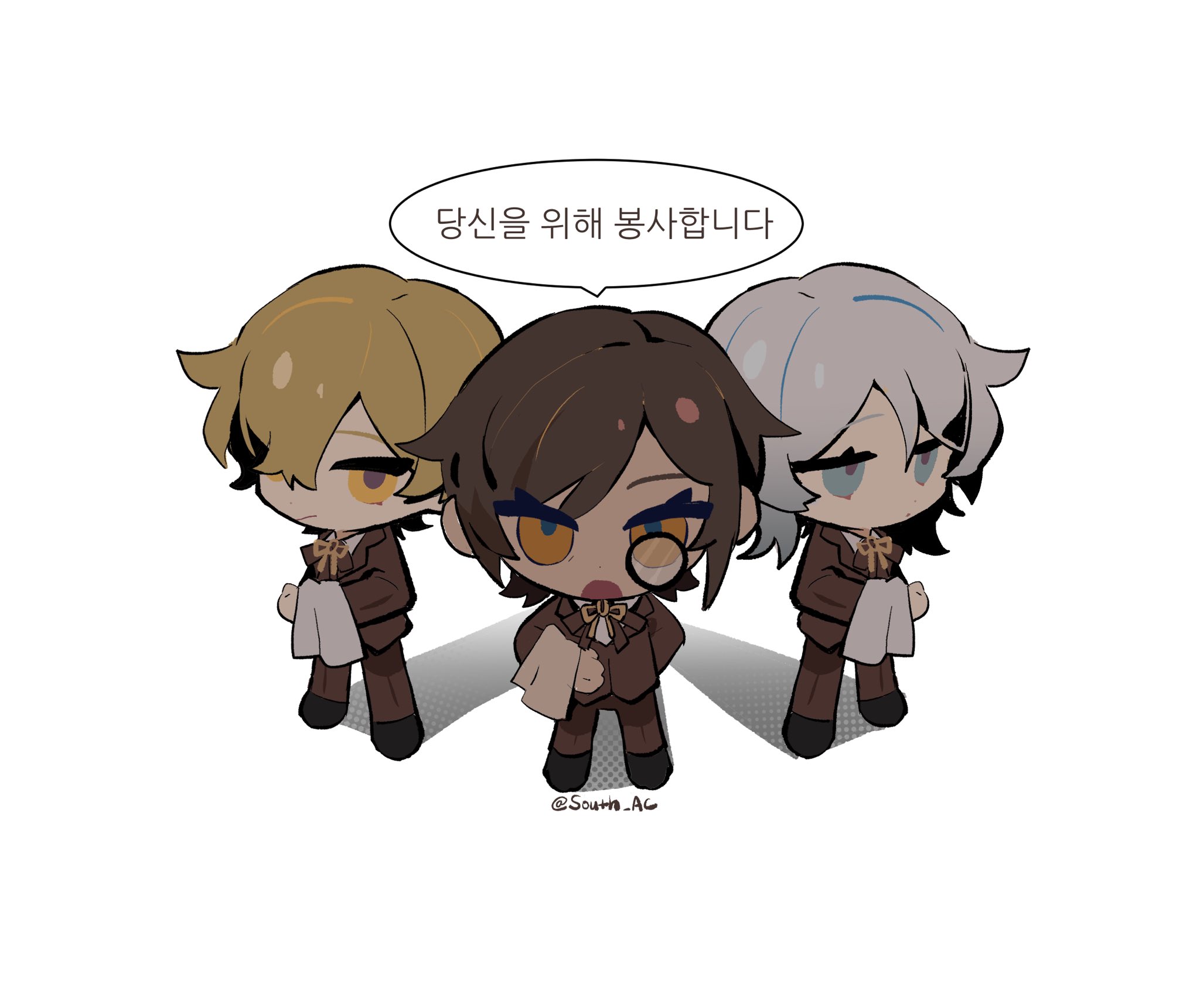 Safebooru - 1girl 2girls blonde hair brown hair brown suit chibi faust ...