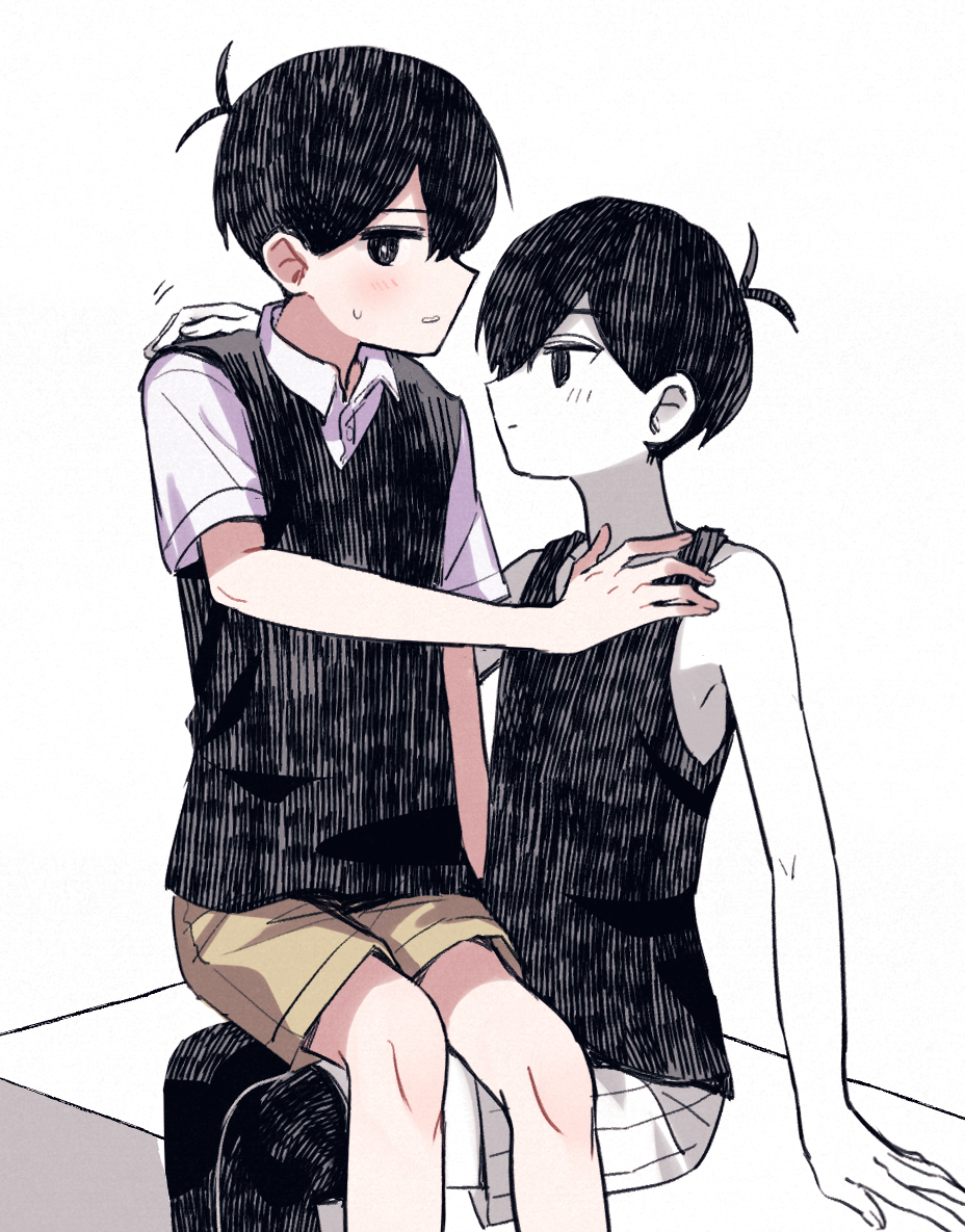 Safebooru - 2boys black eyes black hair black tank top closed mouth colored skin dual persona ...